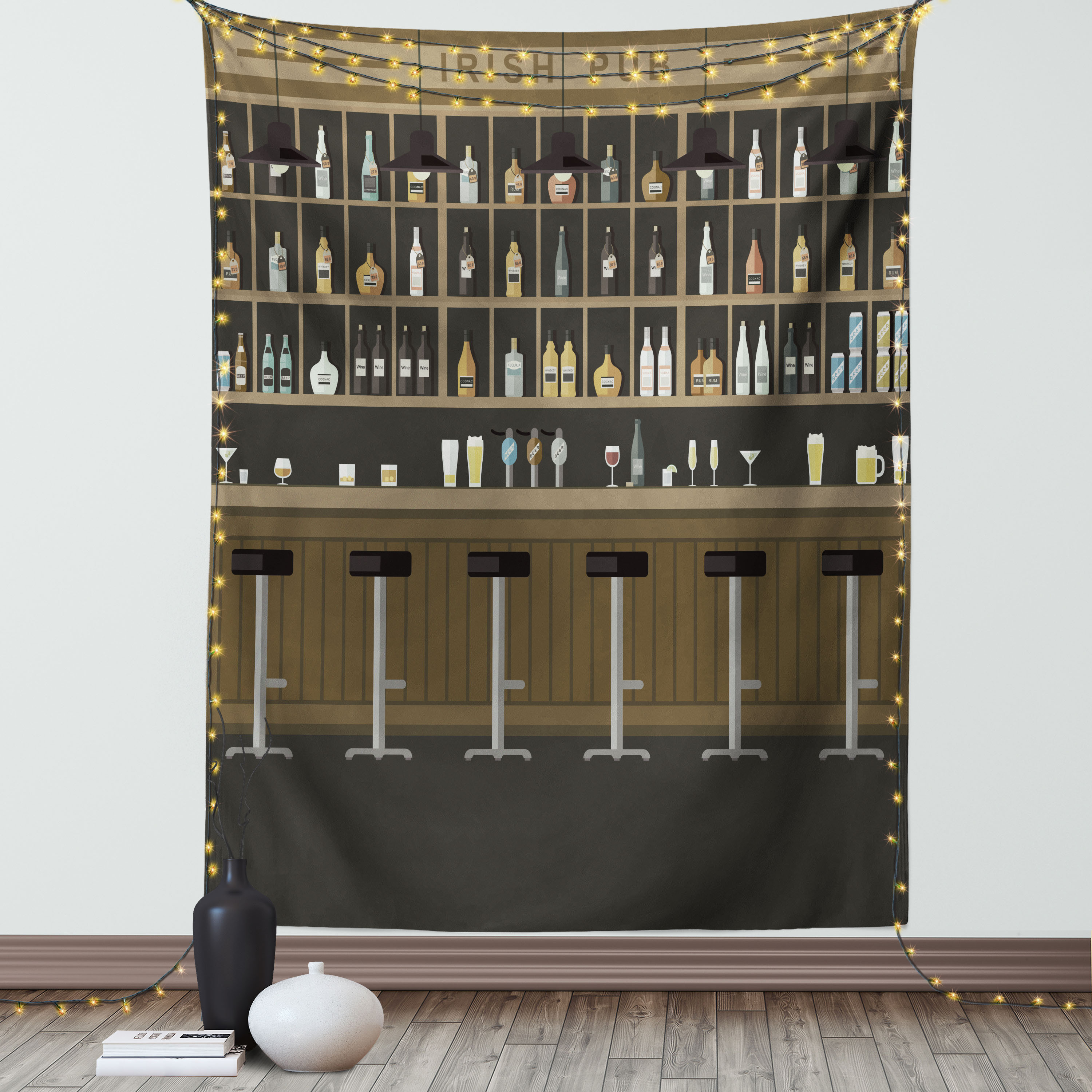 Irish Pub Tapestry, Cartoon Illustration of Bar Restaurant with Stools ...