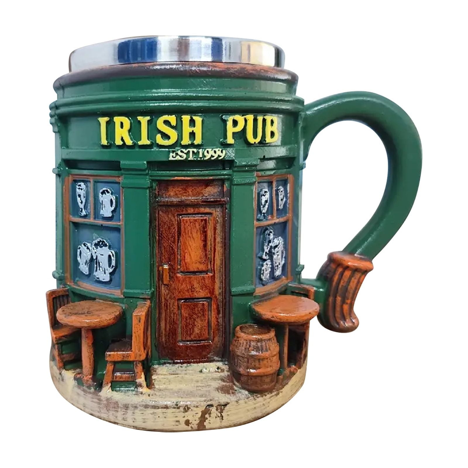 Irish Pub Theme Ceramic Mug with 3D Relief Exterior Stainless Steel ...