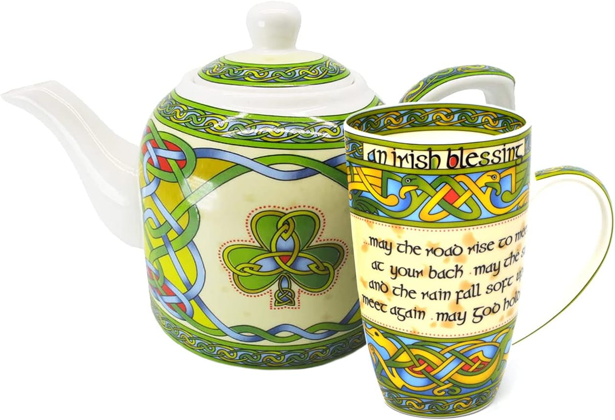 Irish Shamrock Cup Set with Porcelain Teapot, Tea Bag Holder, Celtic ...