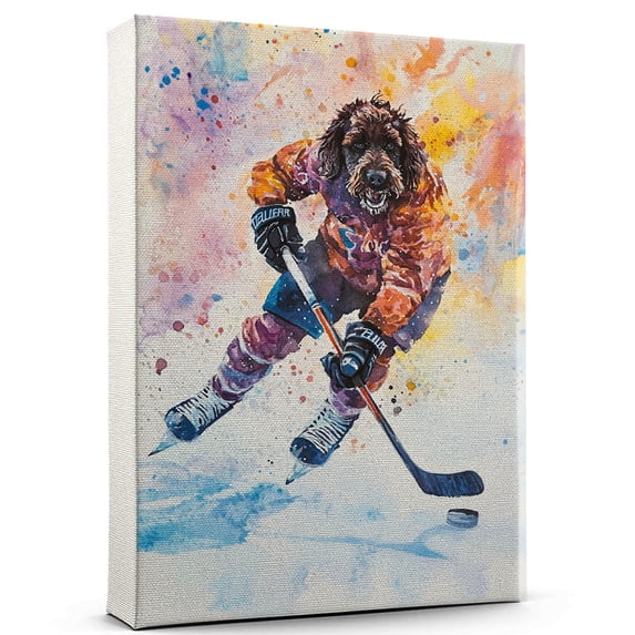 Irish Water Spaniel Dog Playing Ice Hockey Wall Stretched Canvas Size ...
