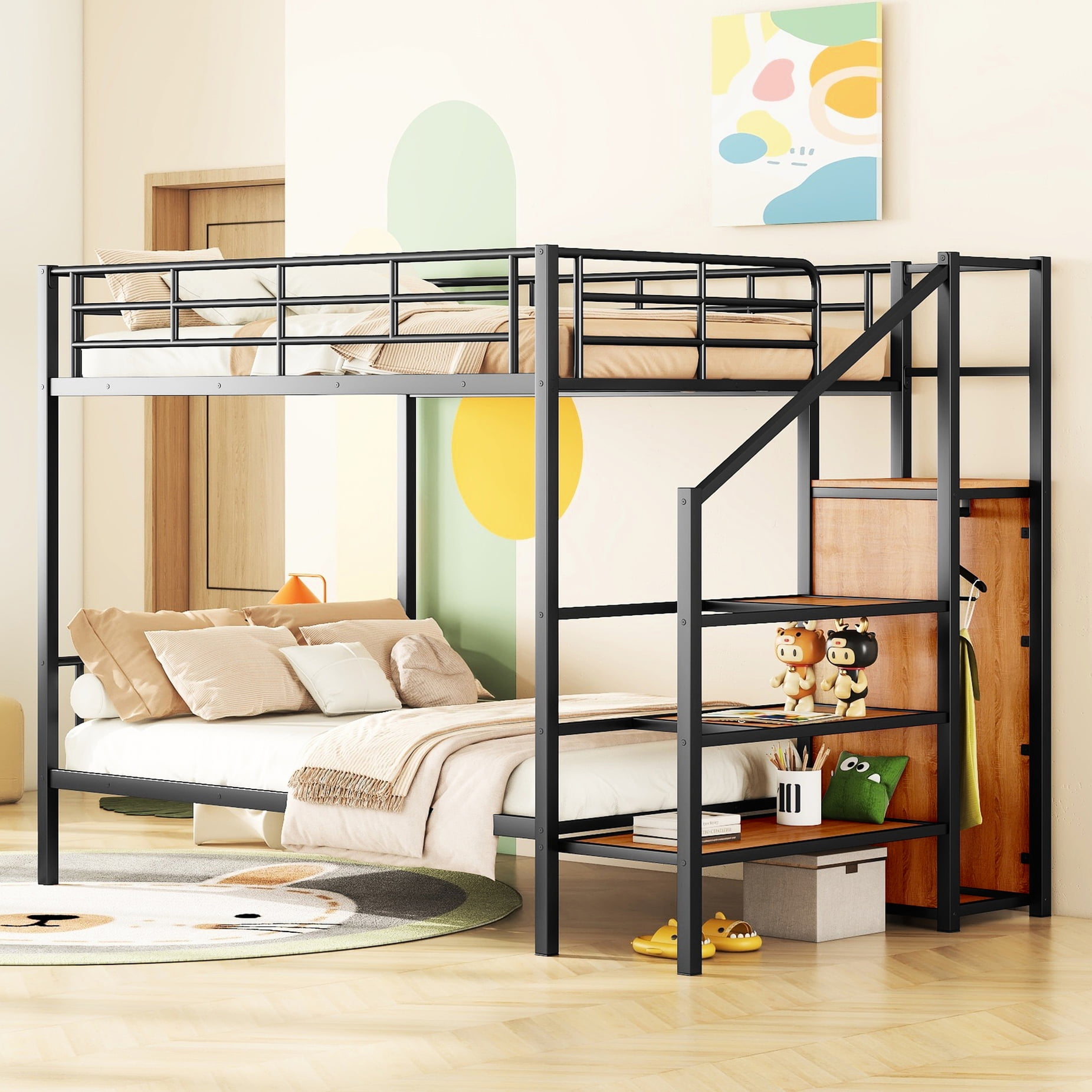 Iron Bunk Bed In Black With Side Storage & Apparel Cabinet - Space ...