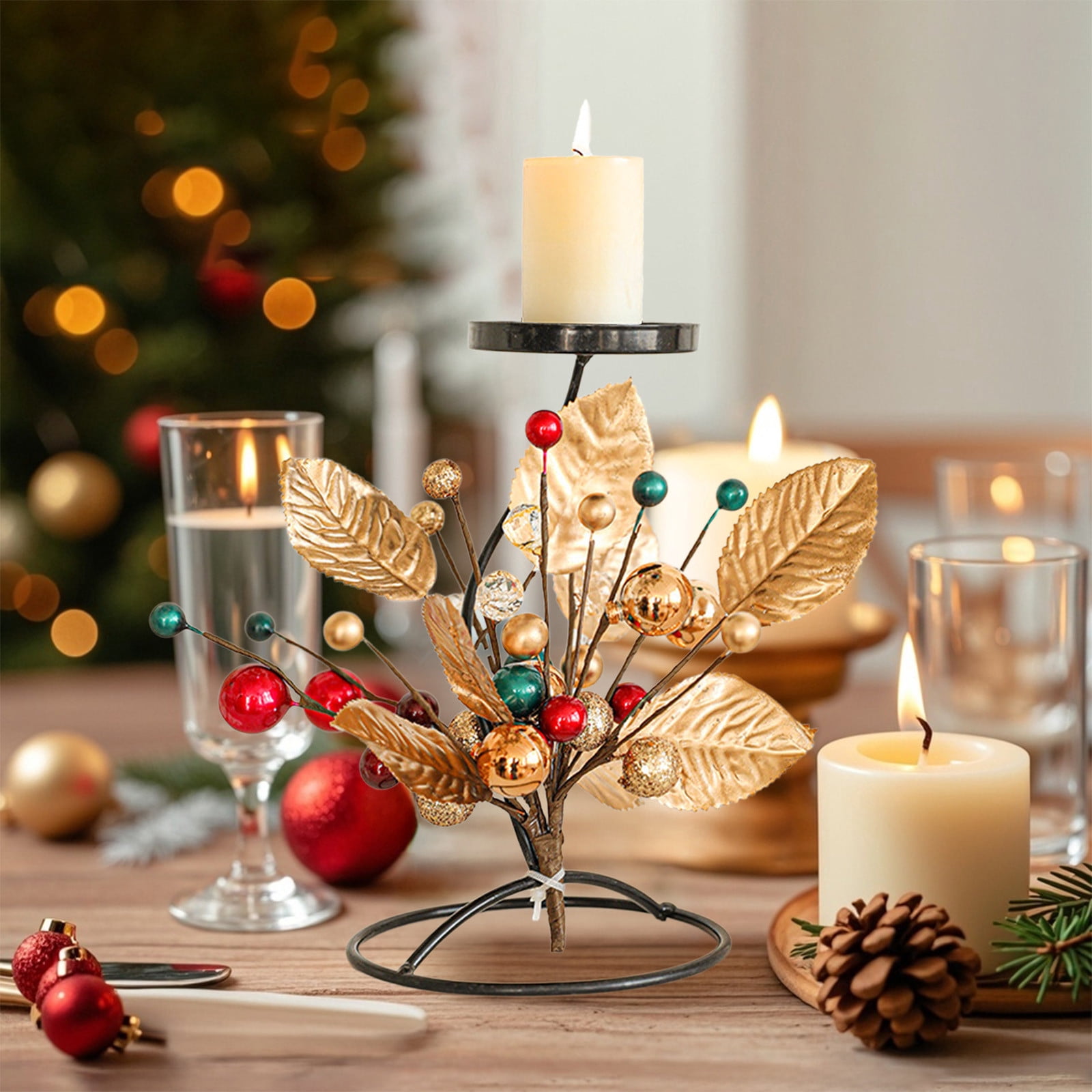 Meggemo Iron Christmas Candlestick Fruit Leaf Ornaments Branch Flower ...