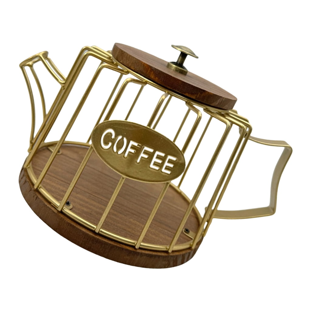 Iron Coffee Pods Storage Organiser with Wooden Base And Lid For Kitchen ...