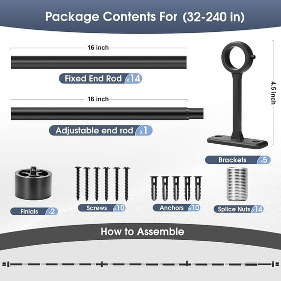 Iron Curtain Rod Black 30-240 Inch Heavy Duty Adjustable - Drapery Pole ...