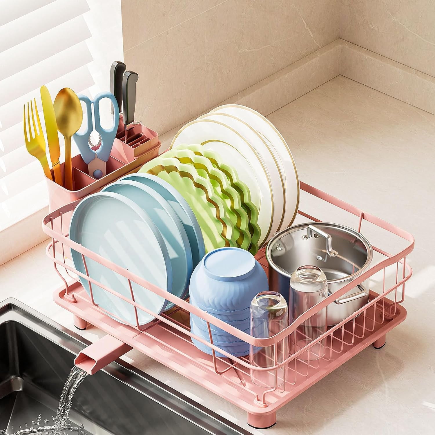 Iron Dish Drying Rack Auto Drain Dish Drainers Kitchen Counter Strainer ...