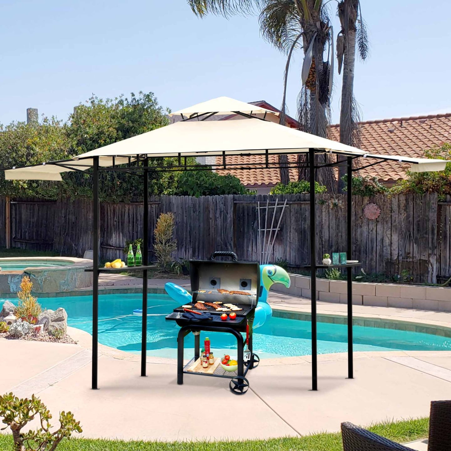 Iron Double Tiered Outdoor BBQ Canopy with Side Awning, Tent Backyard ...