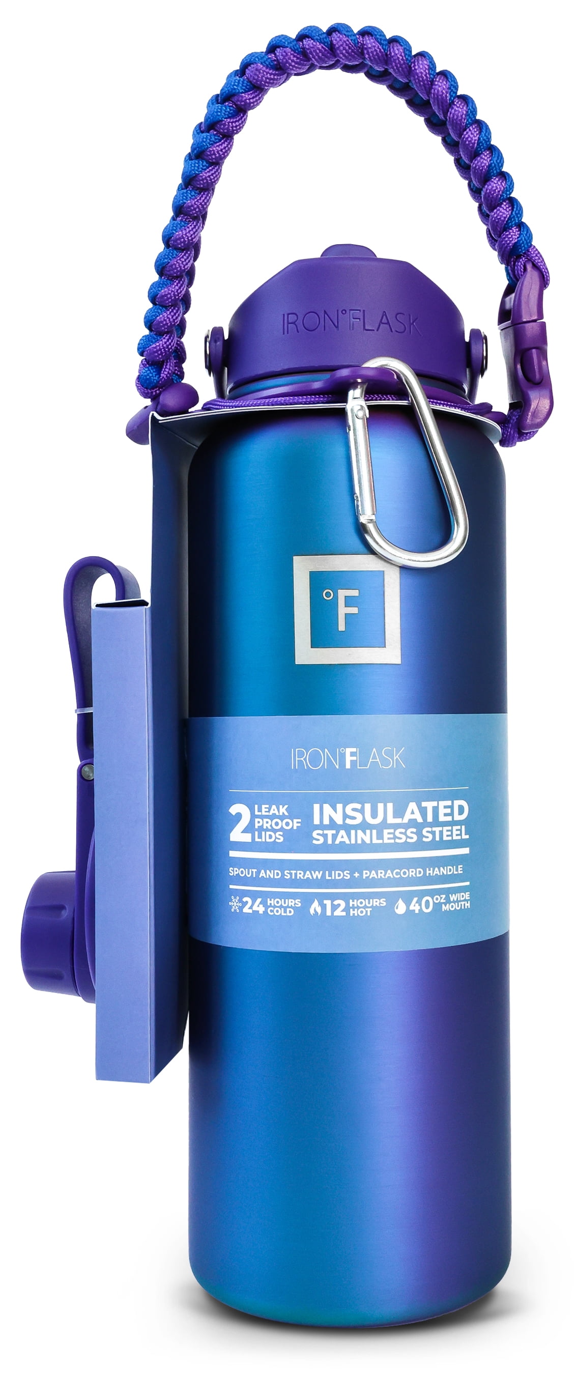 Iron Flask 40oz Wide Mouth Water Bottle with Paracord Handle and 2 Lids ...