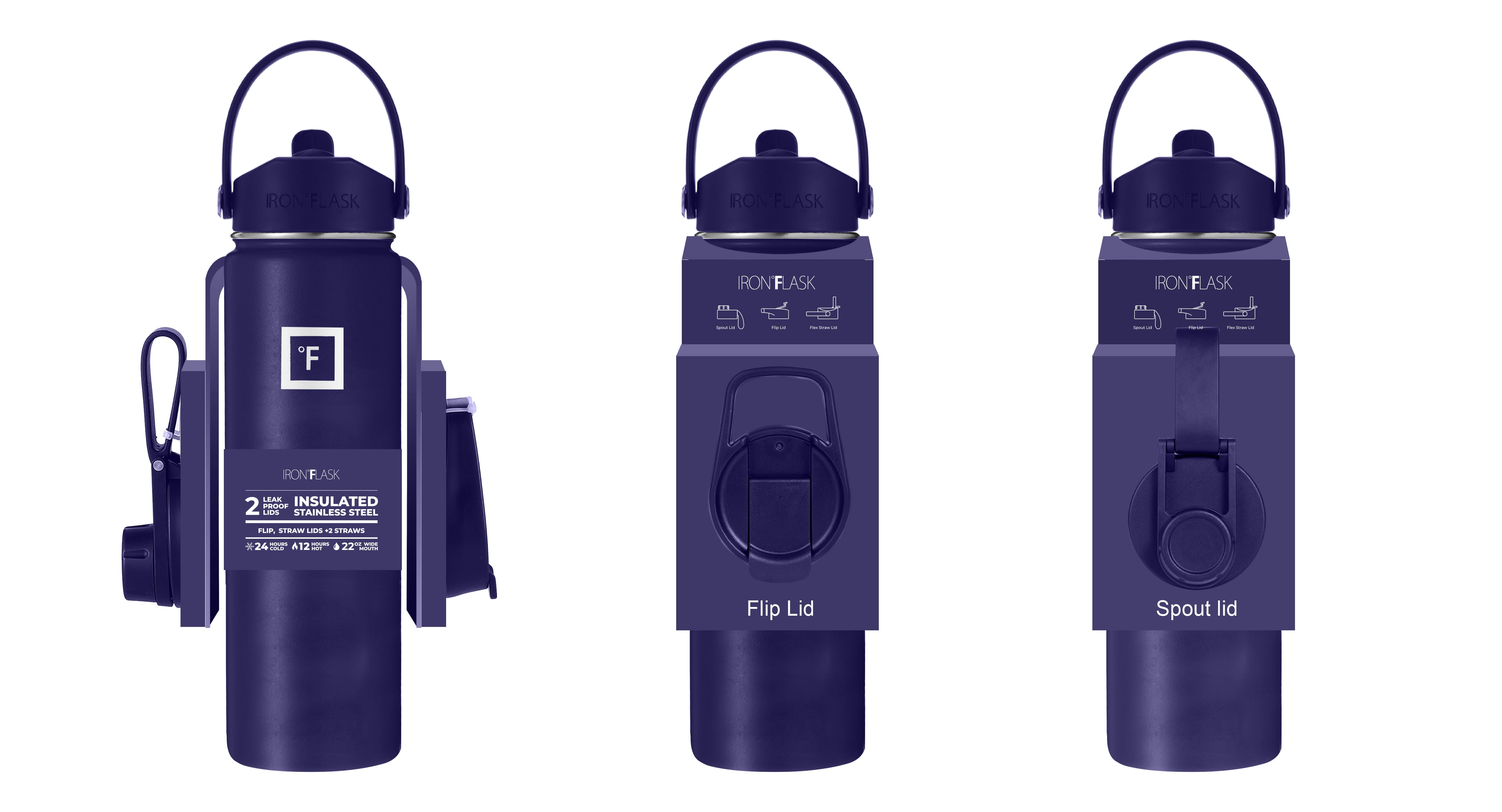 Iron Flask Stainless Steel 22oz Wide Mouth Water Bottle with 3 Lids ...