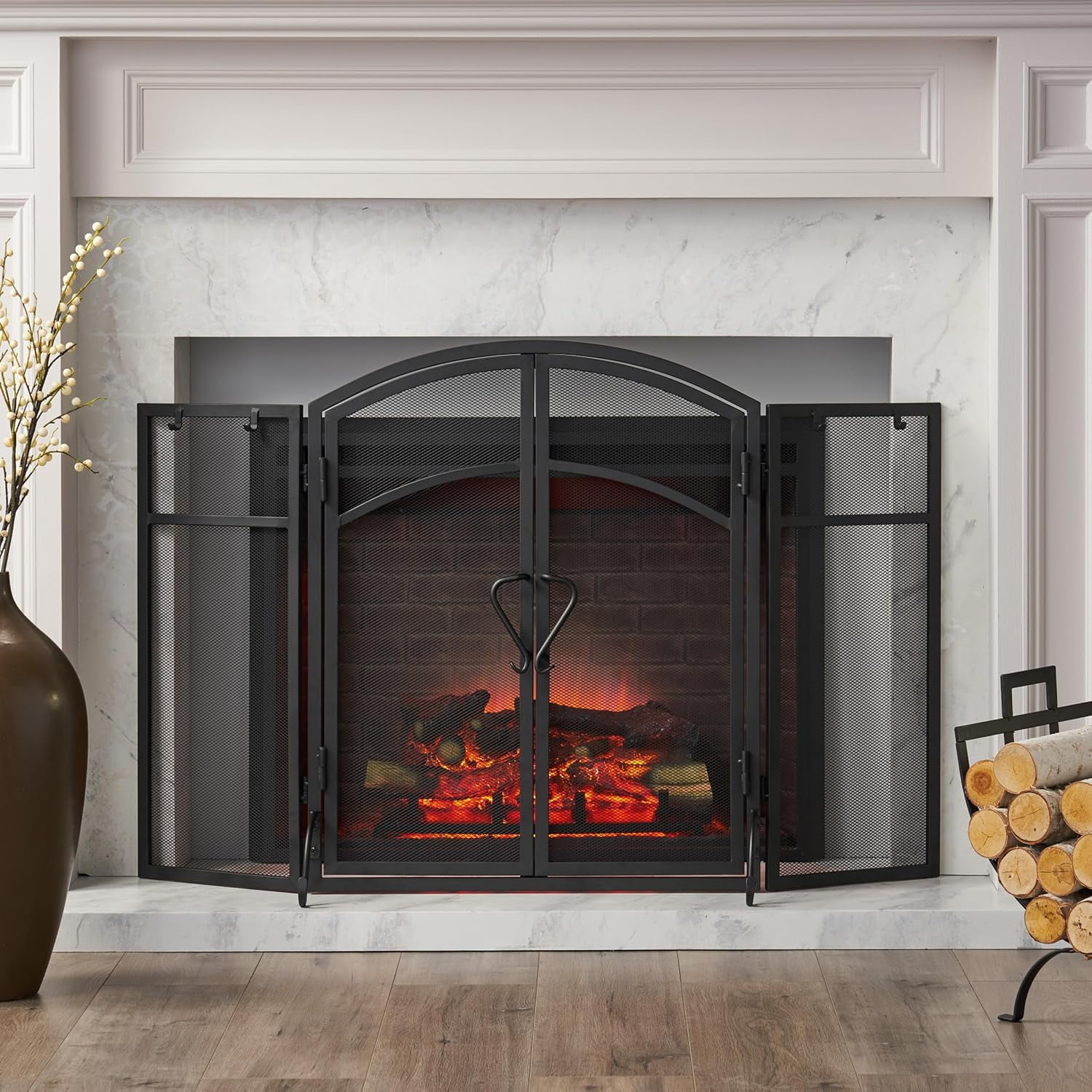 Iron Folding Fireplace Screen with Doors and 4-Piece Tool Set, 3-Panel ...