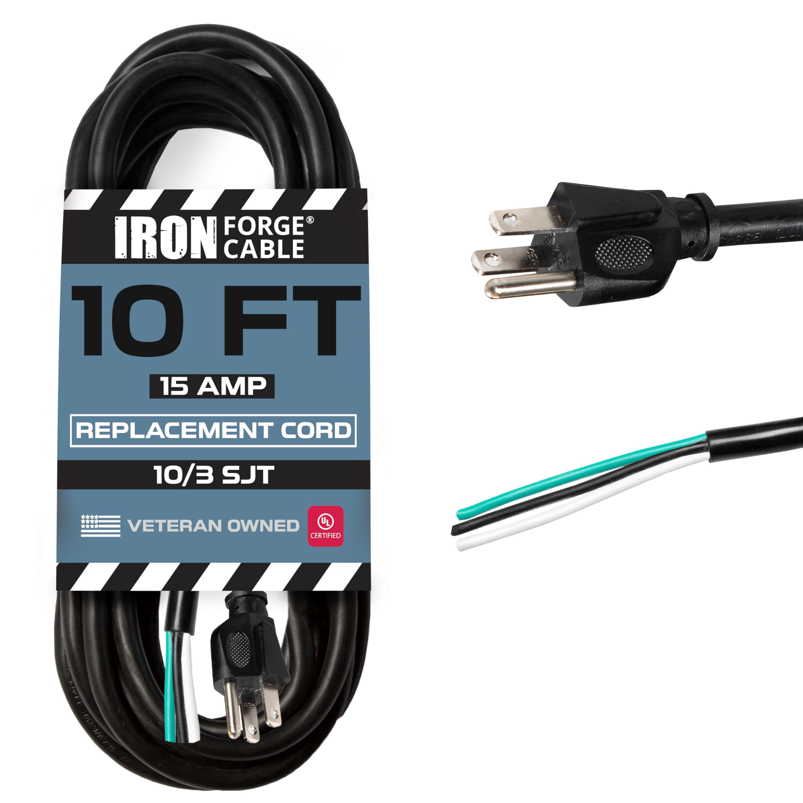Iron Forge Cable 10 Gauge Power Cord Replacement - 10ft,15 Amp Black 10 ...