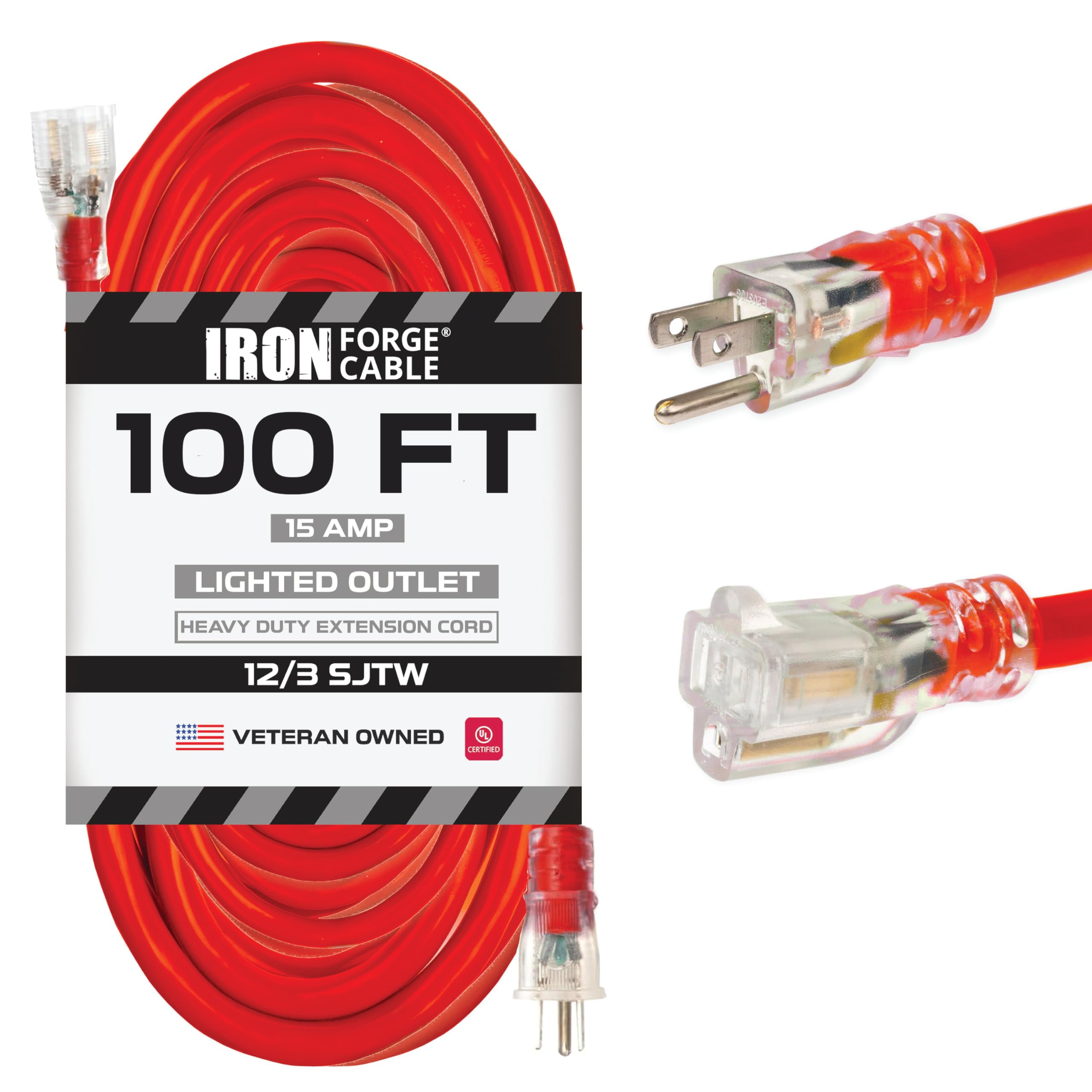 Iron Forge Cable 100 ft Lighted Outdoor Extension Cord - 12/3 SJTW Heavy Duty Red Extension ...