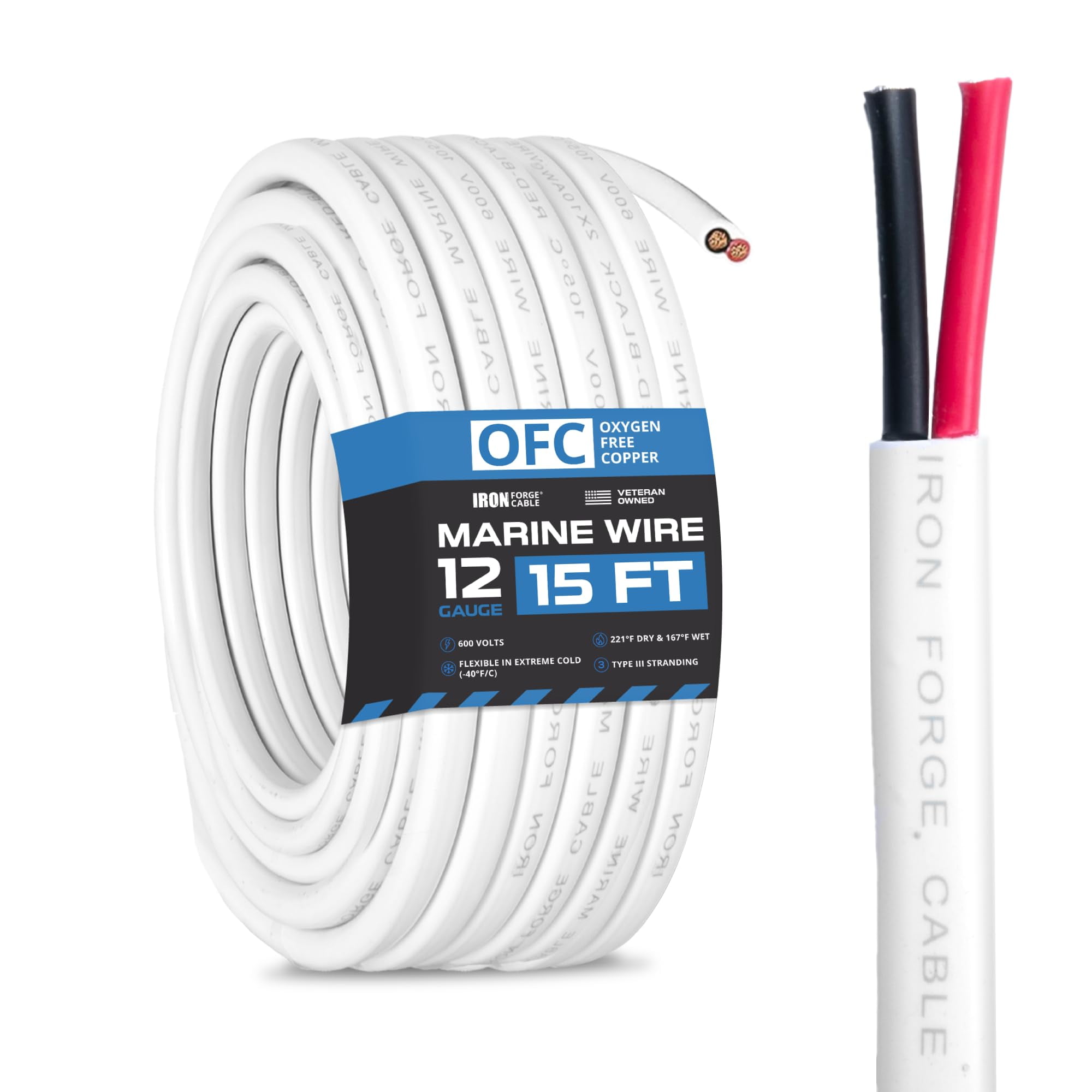Iron Forge Cable 12 Gauge Marine Wire - 15 Foot, 12 AWG Cable for Boat ...