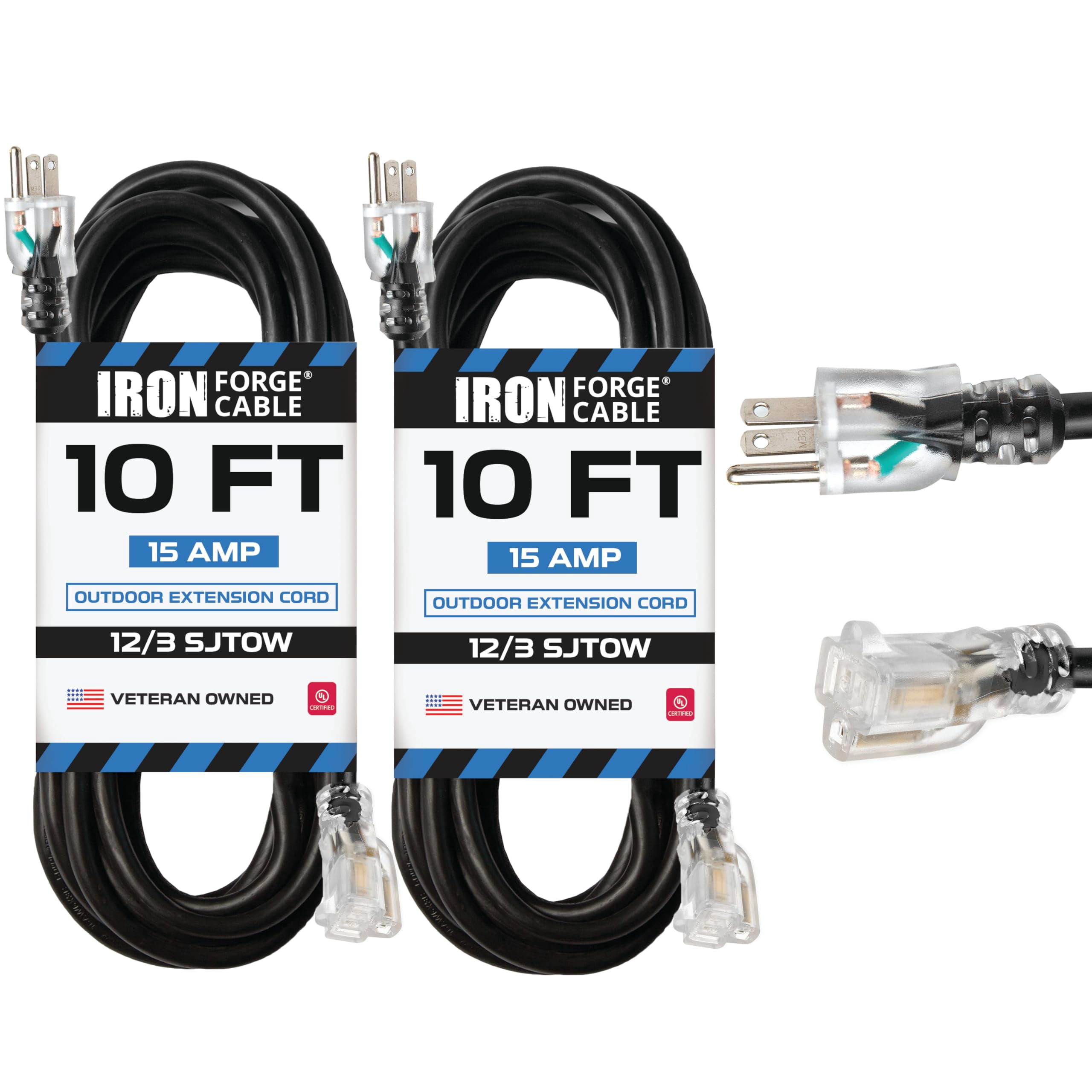 Iron Forge Cable 2 Pack 12 Gauge Outdoor Extension Cord 10 Ft, SJTOW 12 ...