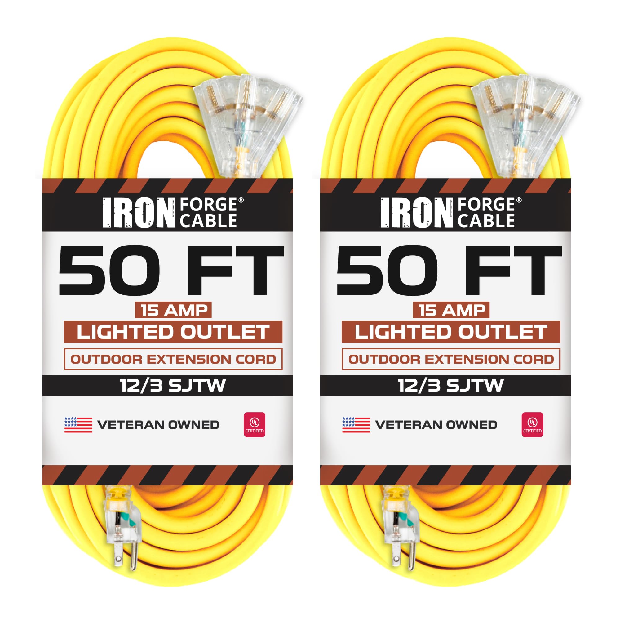 Iron Forge Cable 2 Pack 50 Foot Lighted Outdoor Extension Cord with 3 ...
