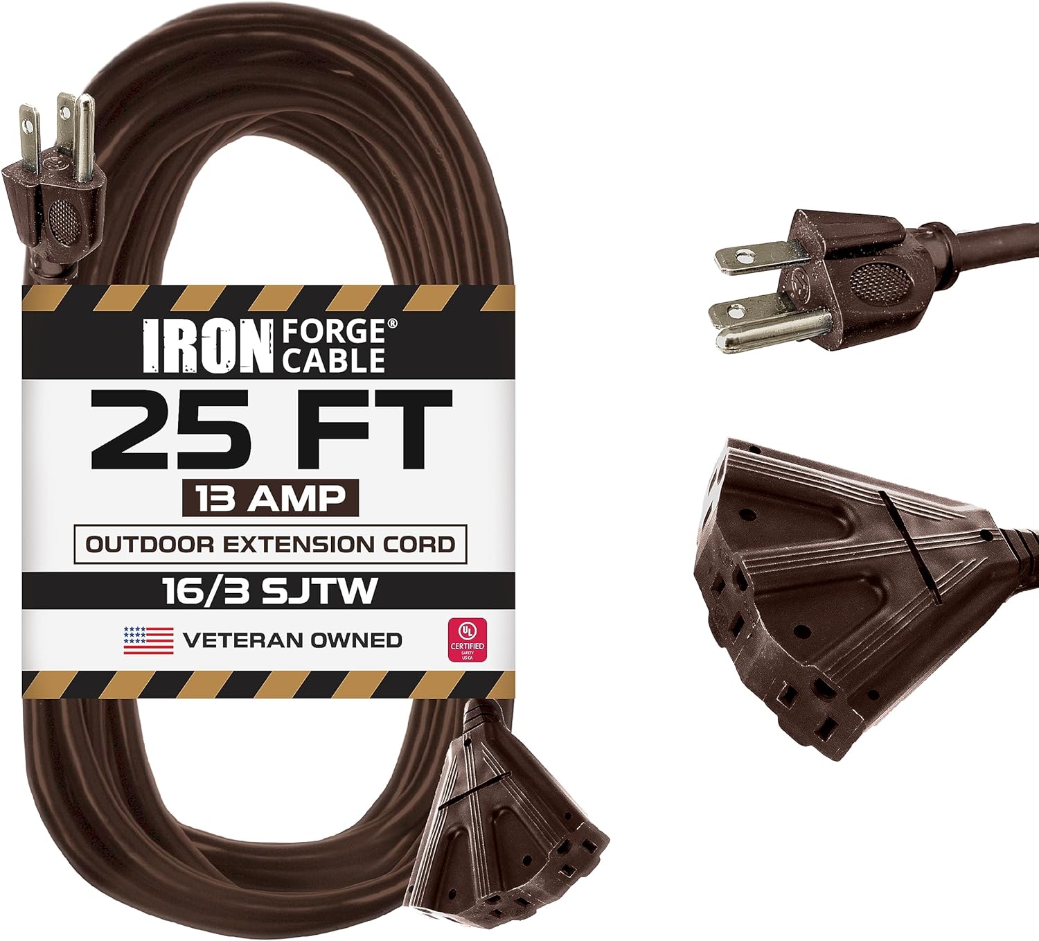 Iron Forge Cable 25 Ft Brown Extension Cord with 3 Electrical Power Outlet, 16/3 SJTW Heavy Duty ...