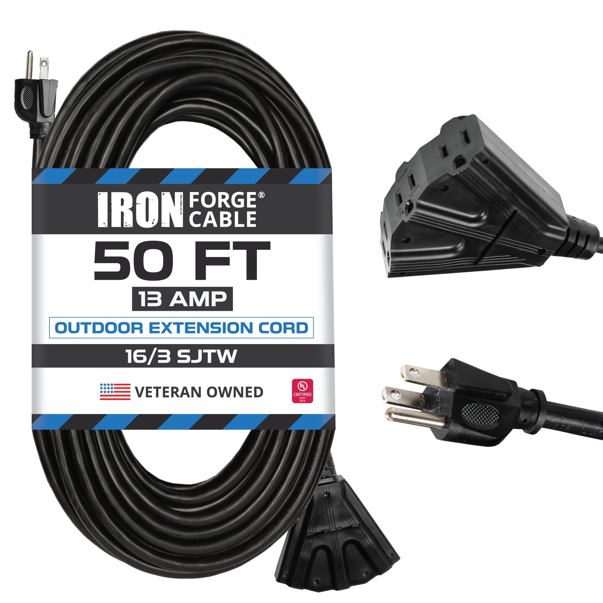 Iron Forge Cable 50 Ft Extension Cord with 3 Outlets, Weatherproof ...