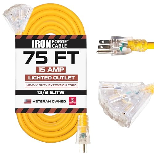 Iron Forge Cable 75 Foot Lighted Outdoor Extension Cord with 3 Electrical Power Outlets - 12/3 ...