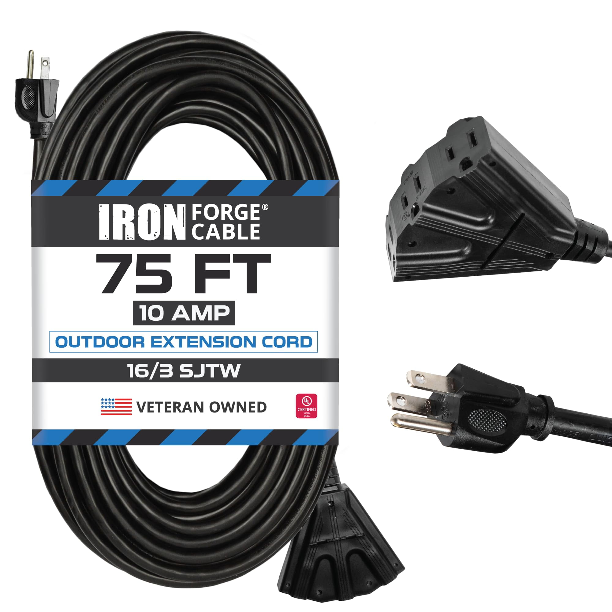 Iron Forge Cable 75 Ft Black Extension Cord with 3 Outlets - 16/3 SJTW 75 Foot Extension Cord 3 ...