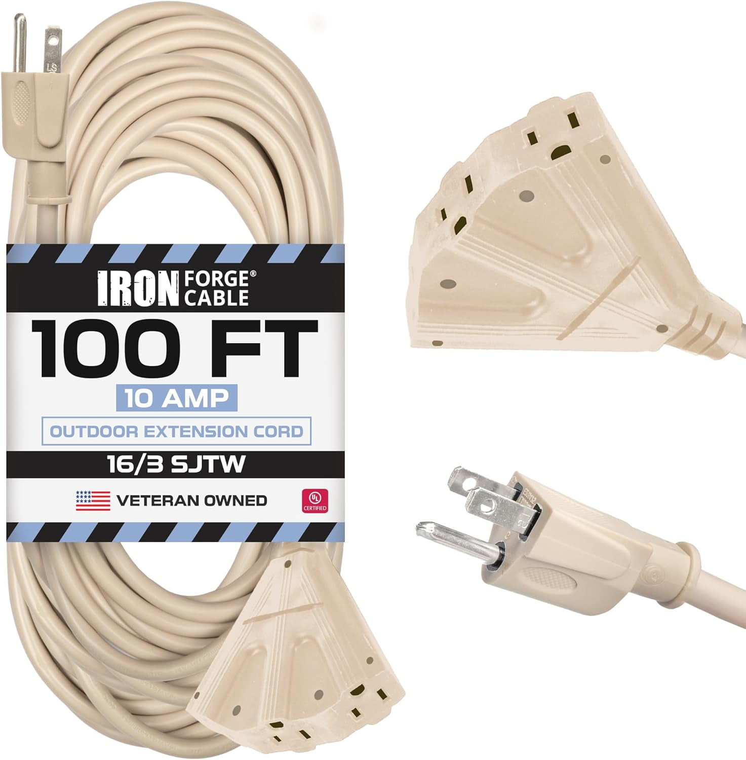 Iron Forge Cable Beige Outdoor Extension Cord 100 ft 3 Outlet, 16 Gauge ...