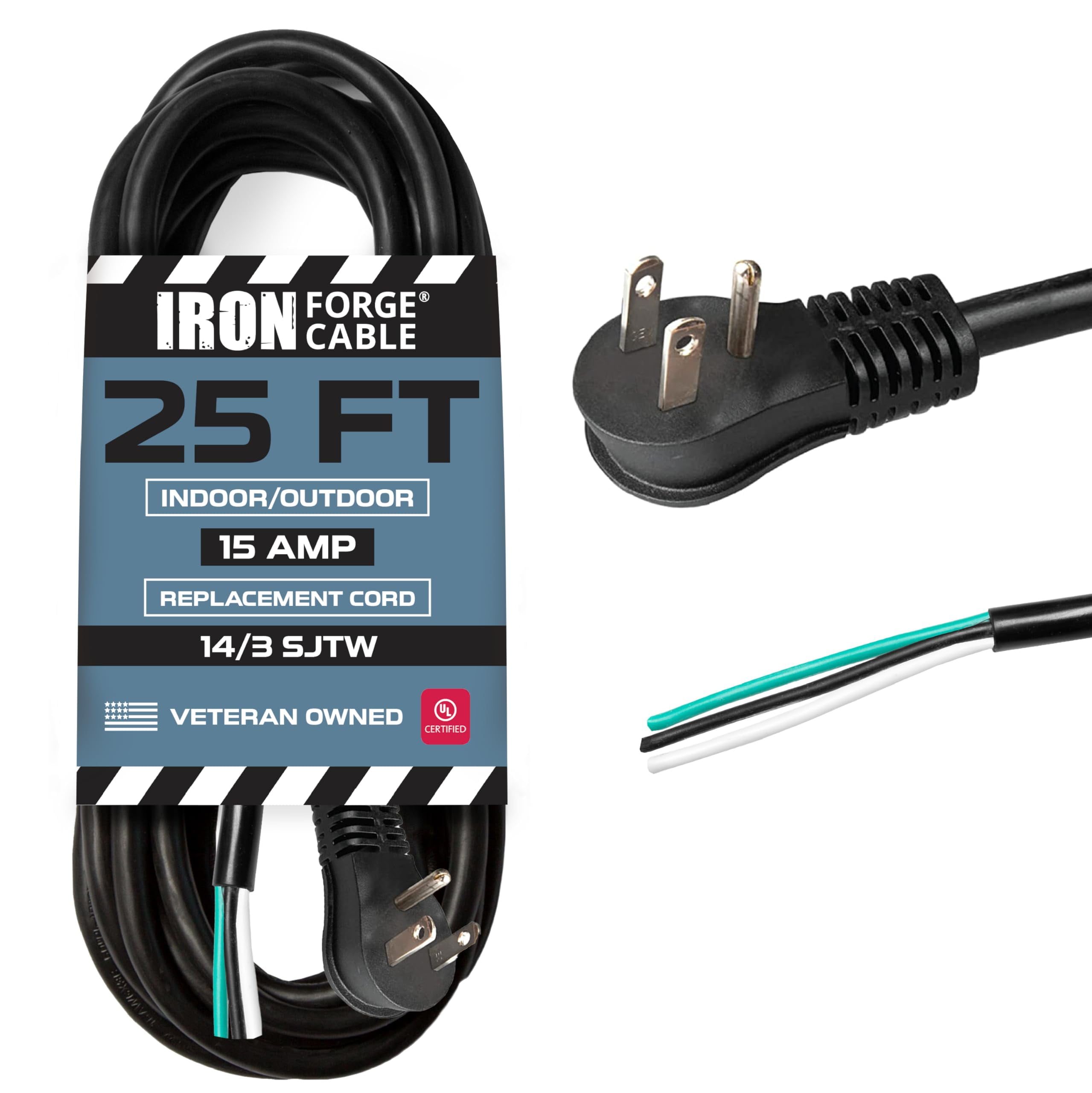 Iron Forge Cable Flat Plug 14 Gauge Power Cord Replacement - 25ft,15 ...