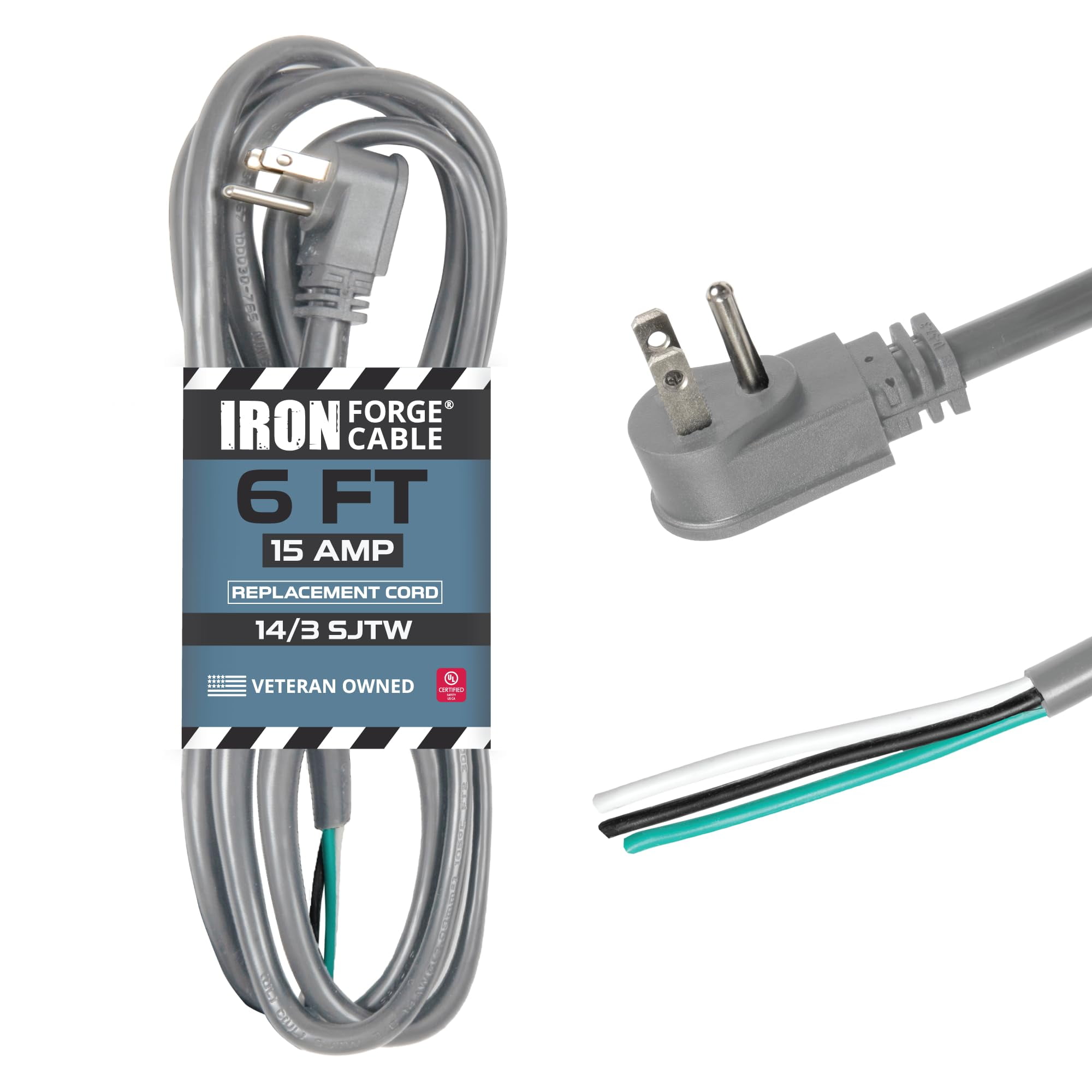 Iron Forge Cable Flat Plug 14 Gauge Power Cord Replacement - 6ft,15 Amp ...