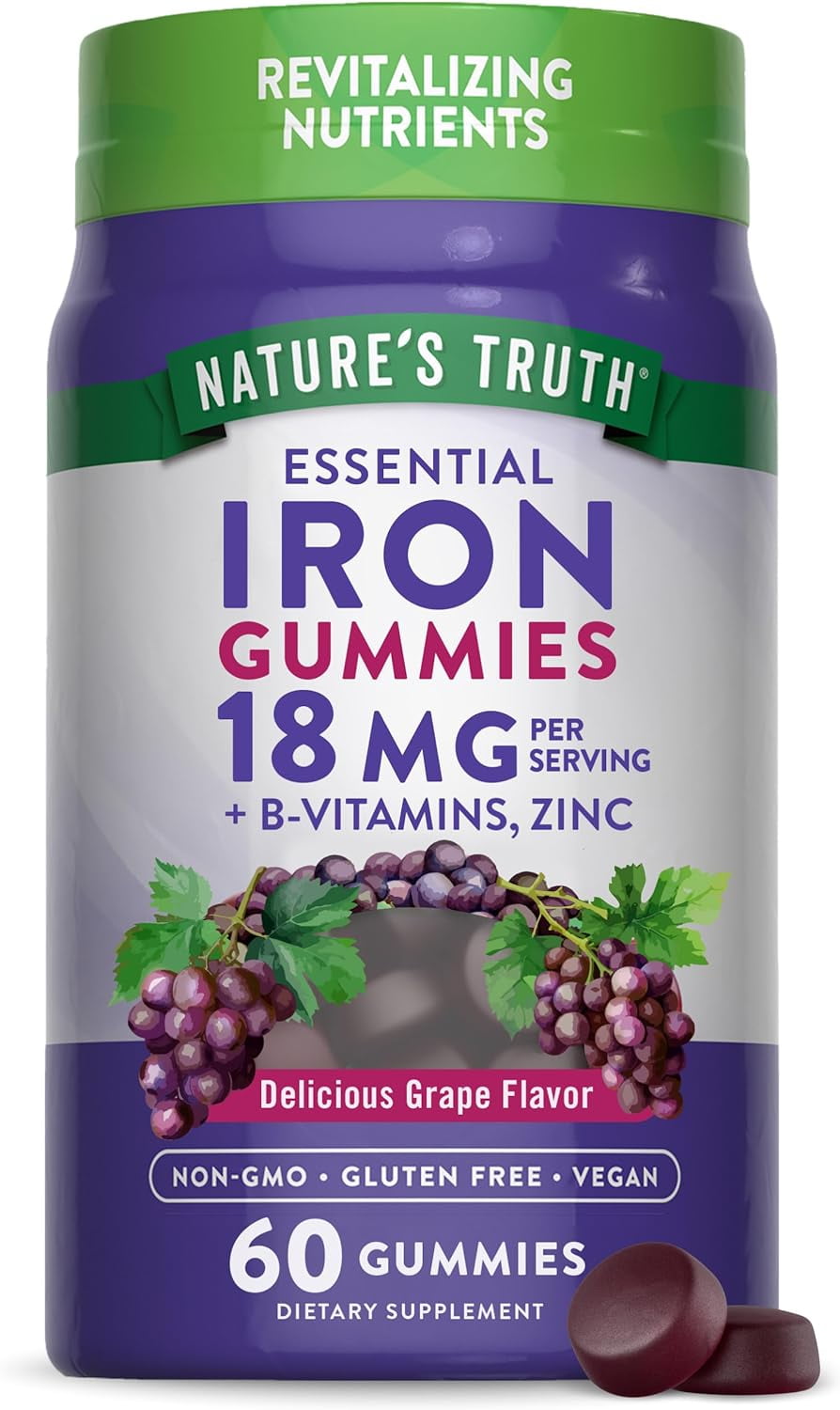 Natures Truth Vegan Iron Gummies, Grape Flavor, 60 count, B Vitamins & Zinc, Non-GMO & Gluten ...