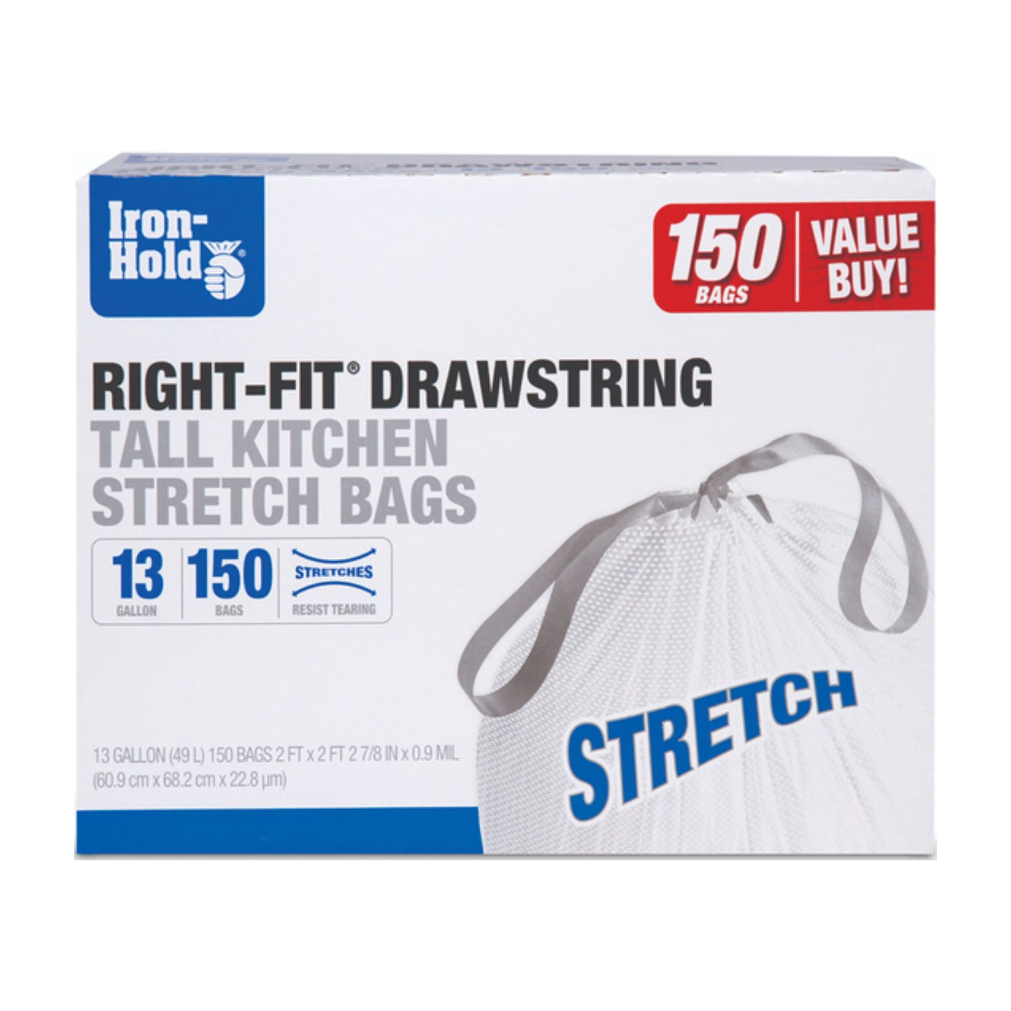 Iron Hold 13 gal Right-Fit Drawstring Tall Kitchen Bags, 150 per Pack ...