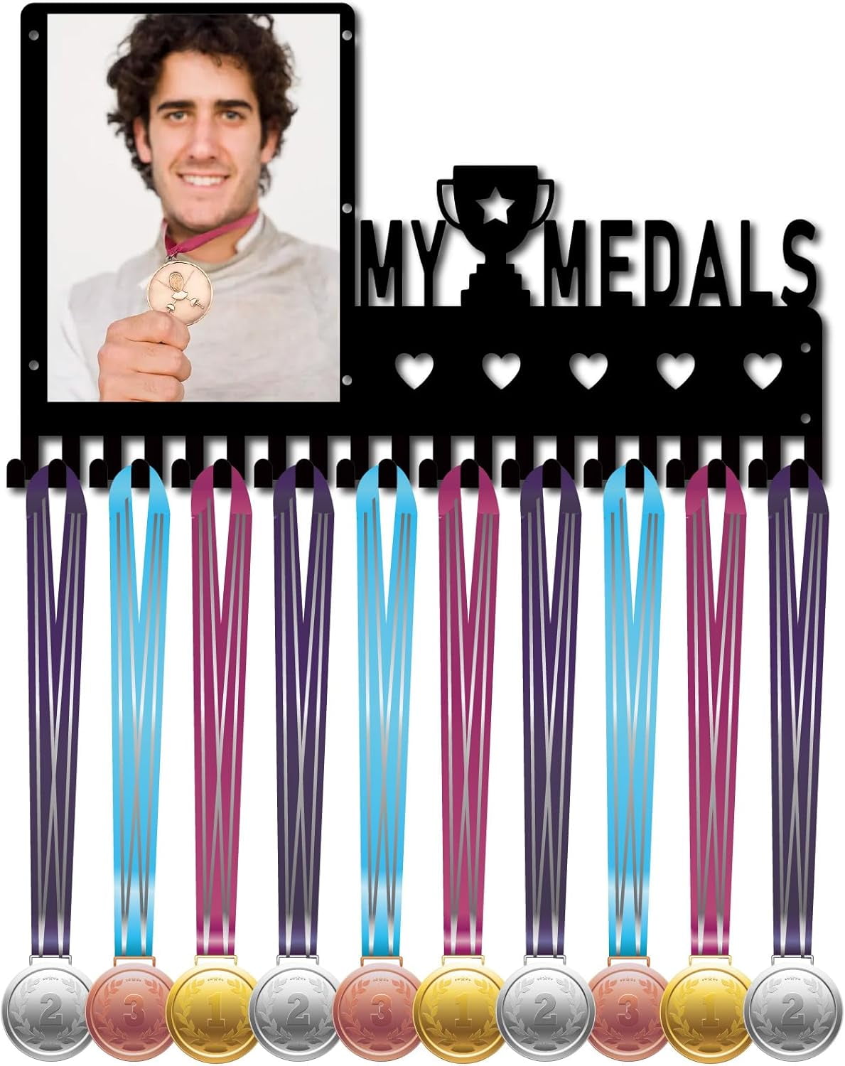 Iron Medal Holder 20 Hook Medal Display Hanger Rack with Photo Frame ...