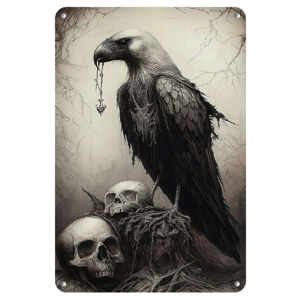 Iron Metal Raven and Skeleton Wall Art Sign, Reusable Gothic Halloween ...