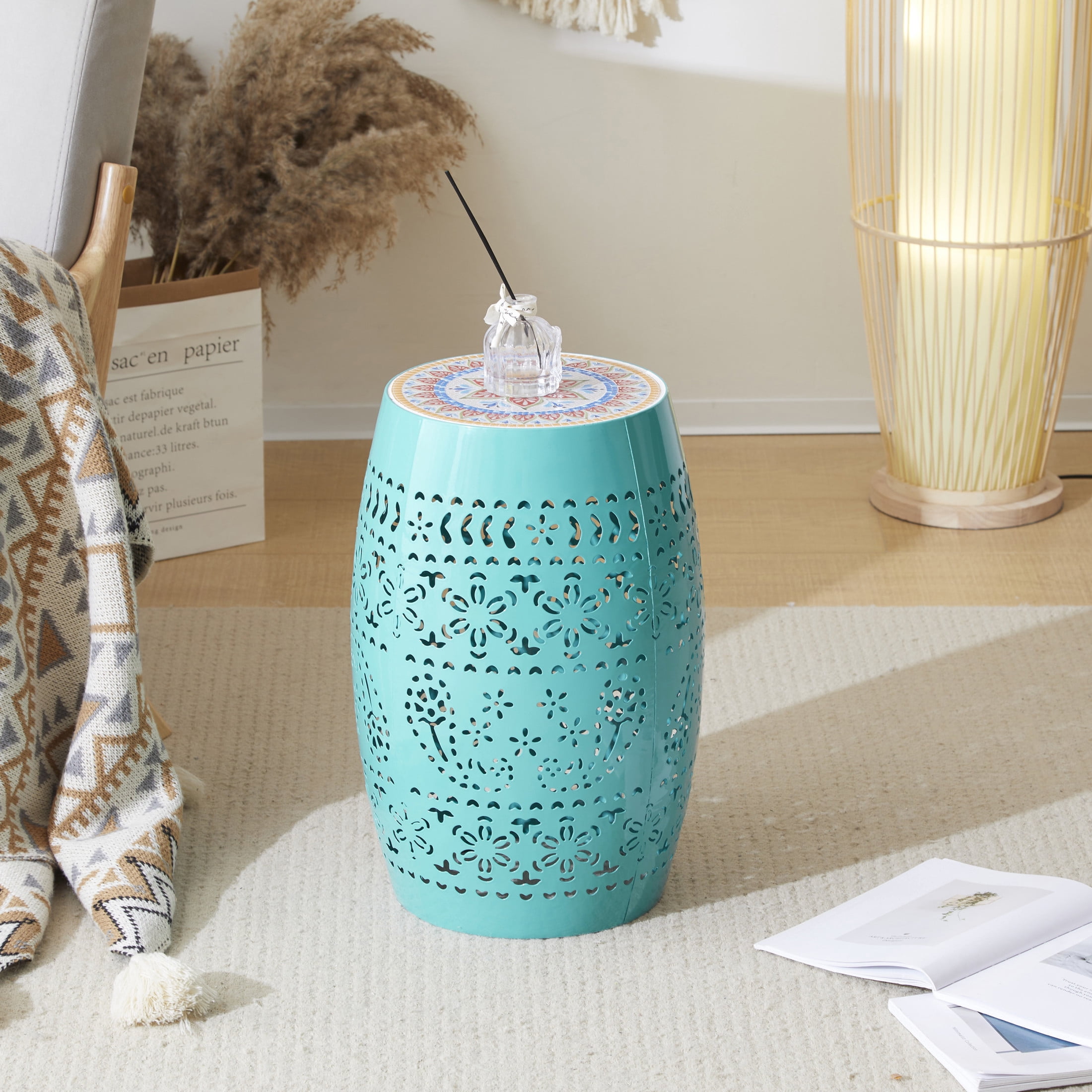 Iron Outdoor Patio & Indoor Side Table with Mosaic Top Design, Teal ...