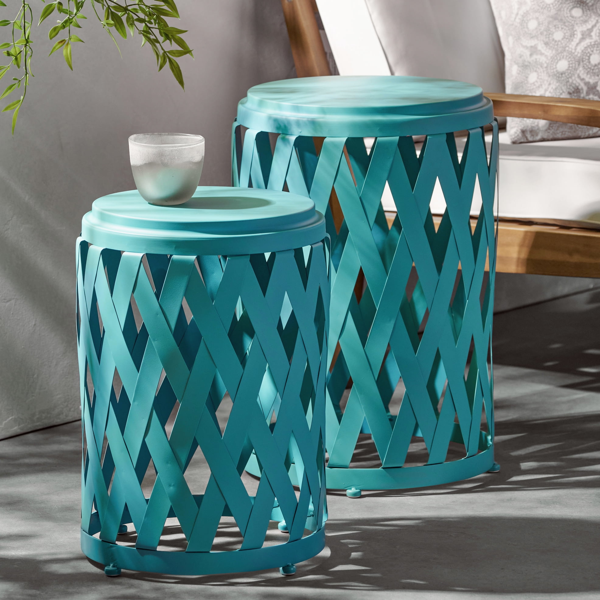 Iron Patio Side Tables In Matte Teal - Pattern, Lightweight Mechanisms ...