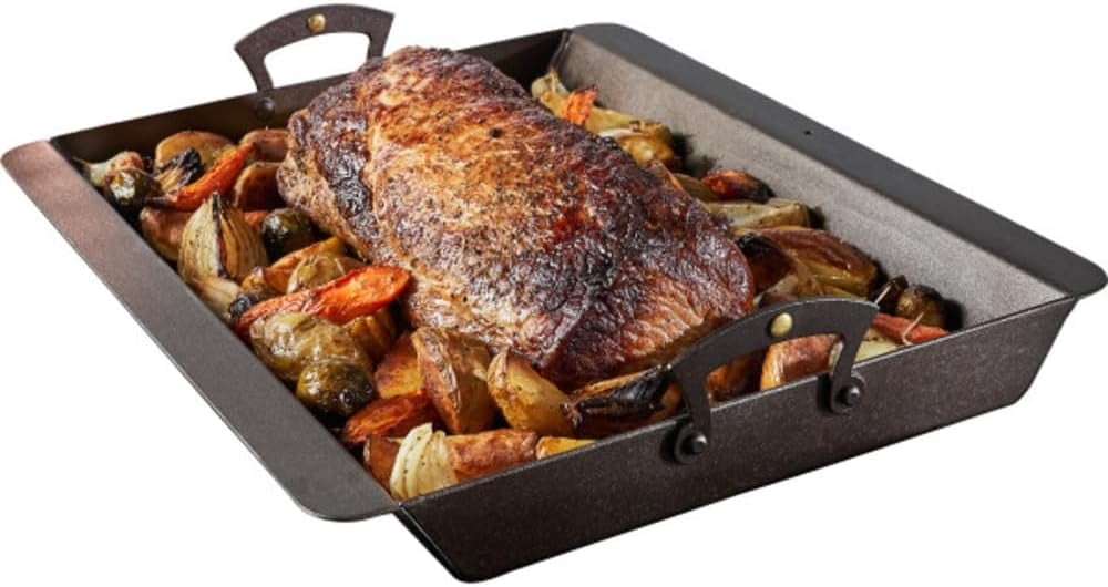 Iron Roasting Pan - Pre-Seasoned Roaster Pan with Brass Riveted Handles ...