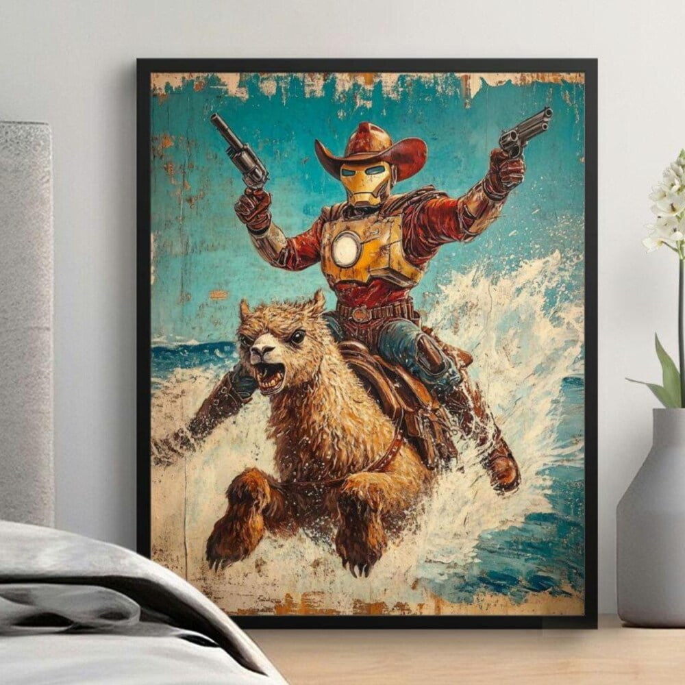 Iron Robot Cowboy Riding Alpaca Poster Art, Western Sci-Fi Mashup Wall ...