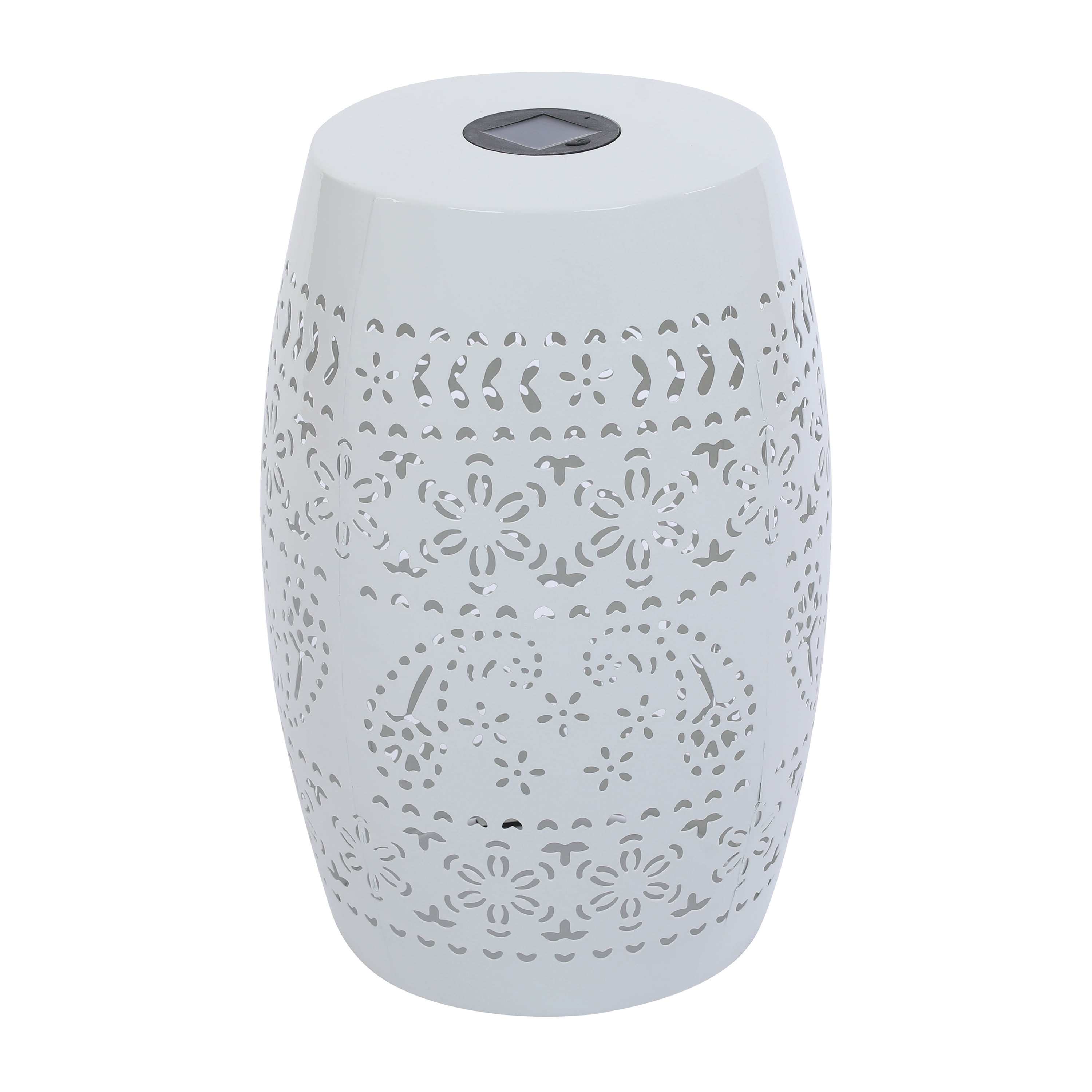 Iron Side Table With Solar Powered Light Unique Drum Shape Metal Hollow ...