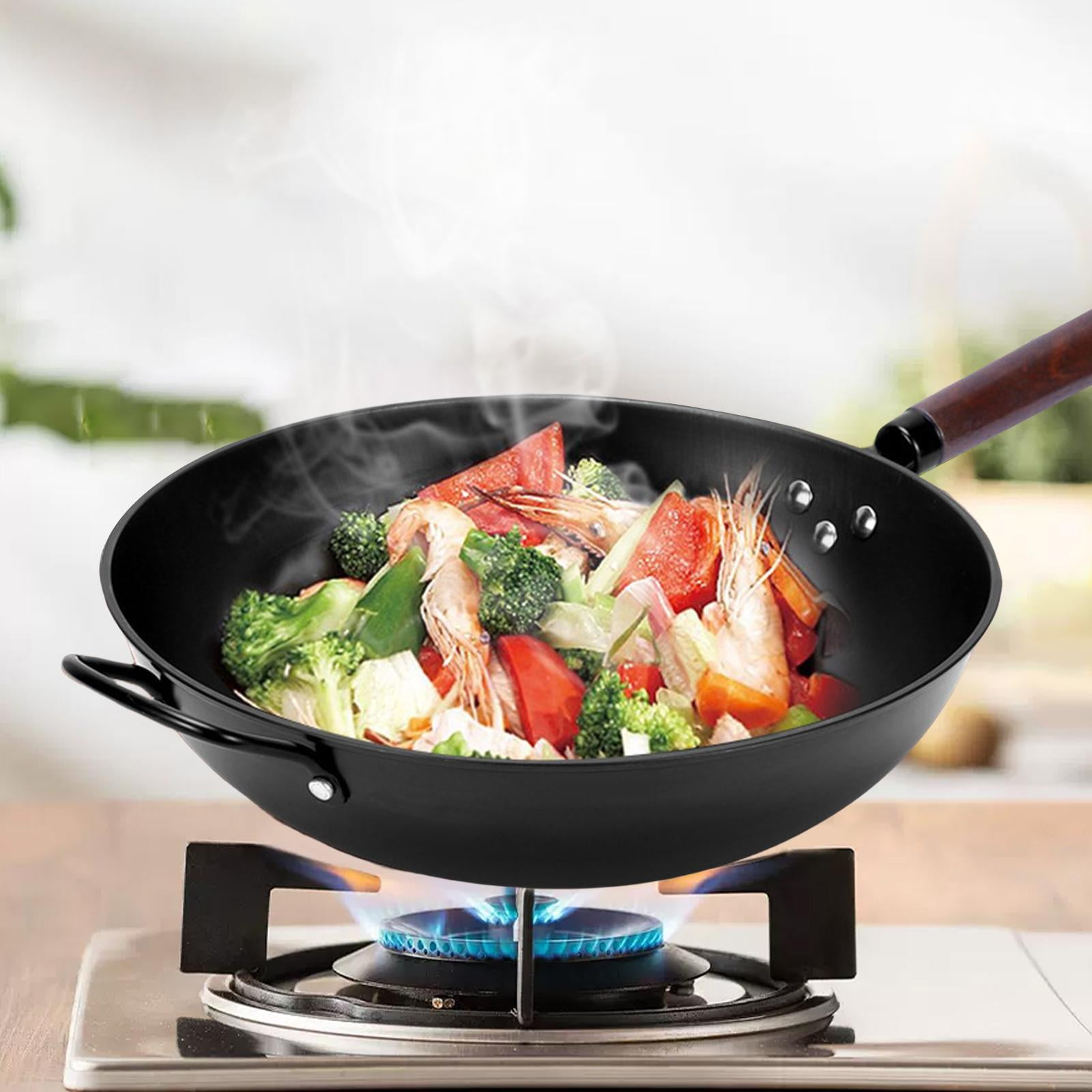 Iron Stir Fry Pan with Lids, Long Handle Skillet Cookware Cooking Wok ...