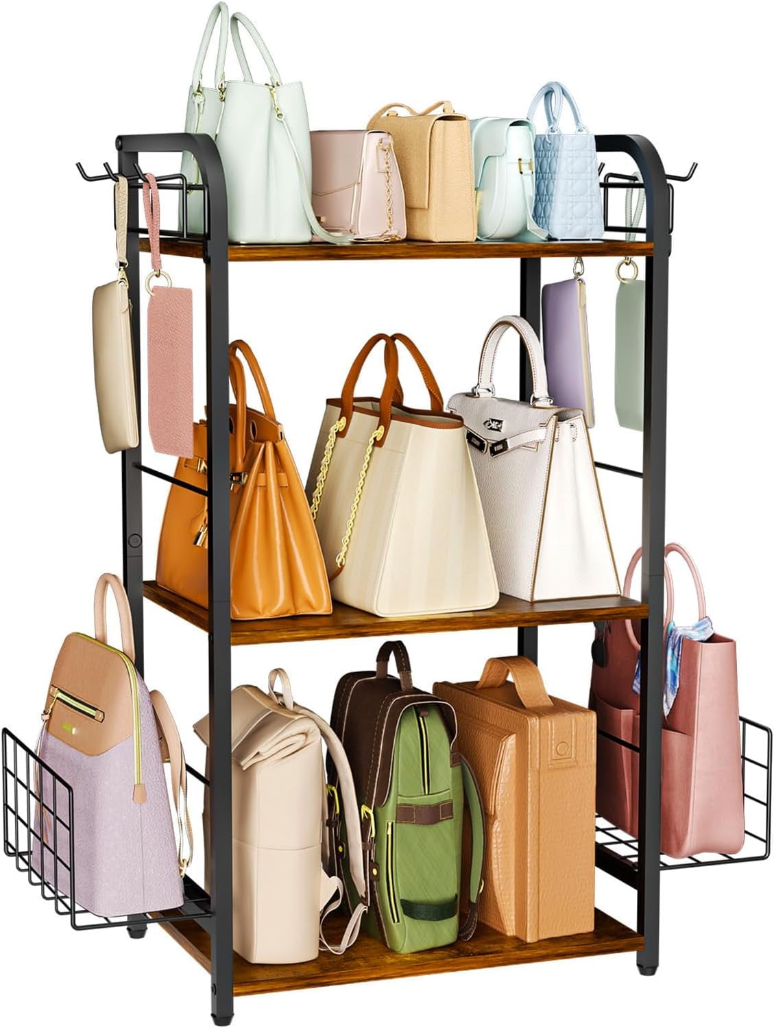 Iron & Wood Floor-Standing 3-Tier Purse Rack with Adjustable Feet, High ...