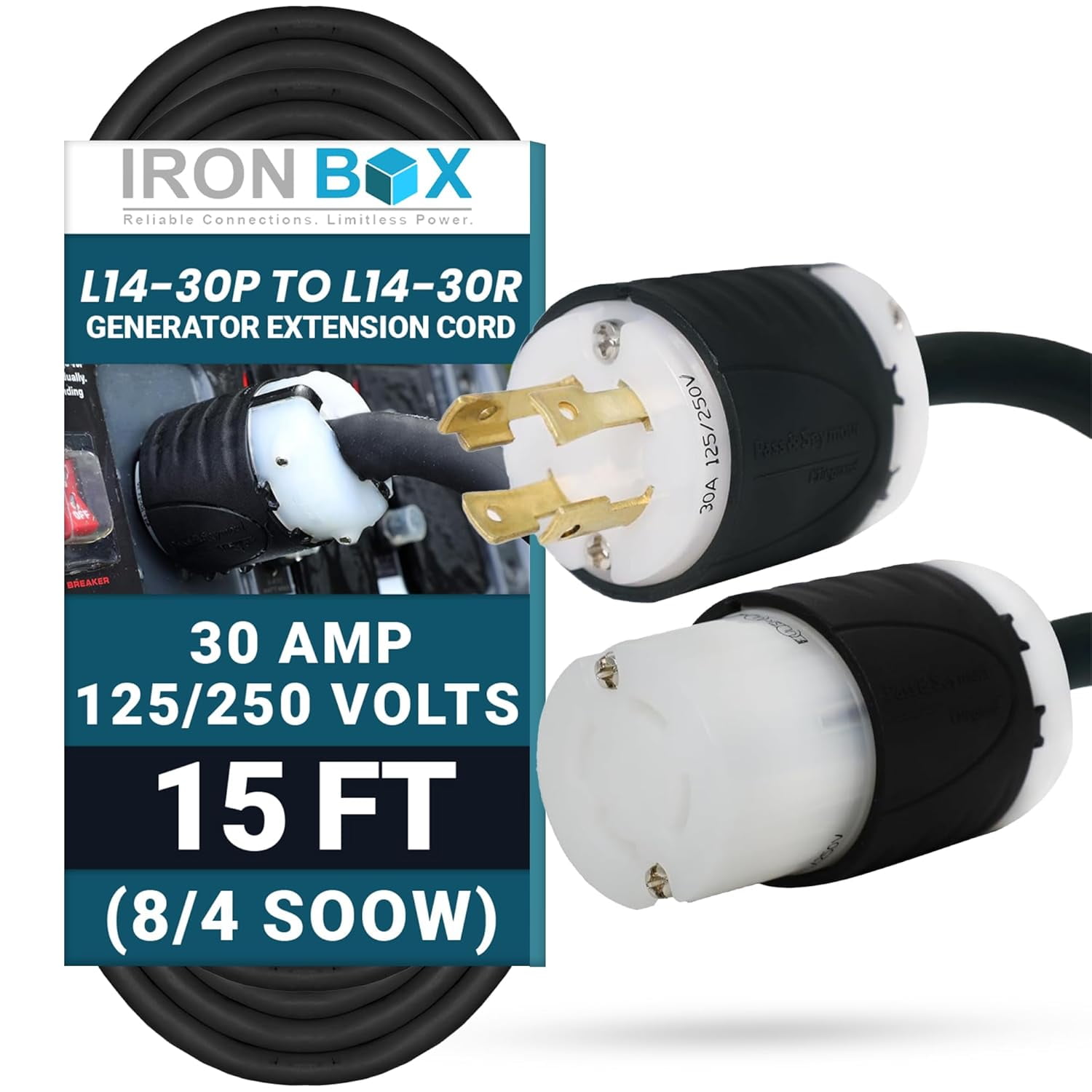IronBox Electric - Heavy-Duty NEMA L14-30 Generator Extension Cord - L14-30P Plug to L14-30R ...