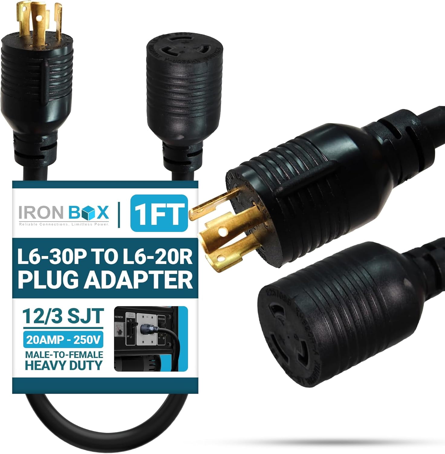IronBox Electric NEMA L6-30P to L6-20R Plug Adapter - 20A, 250V, 12 AWG ...