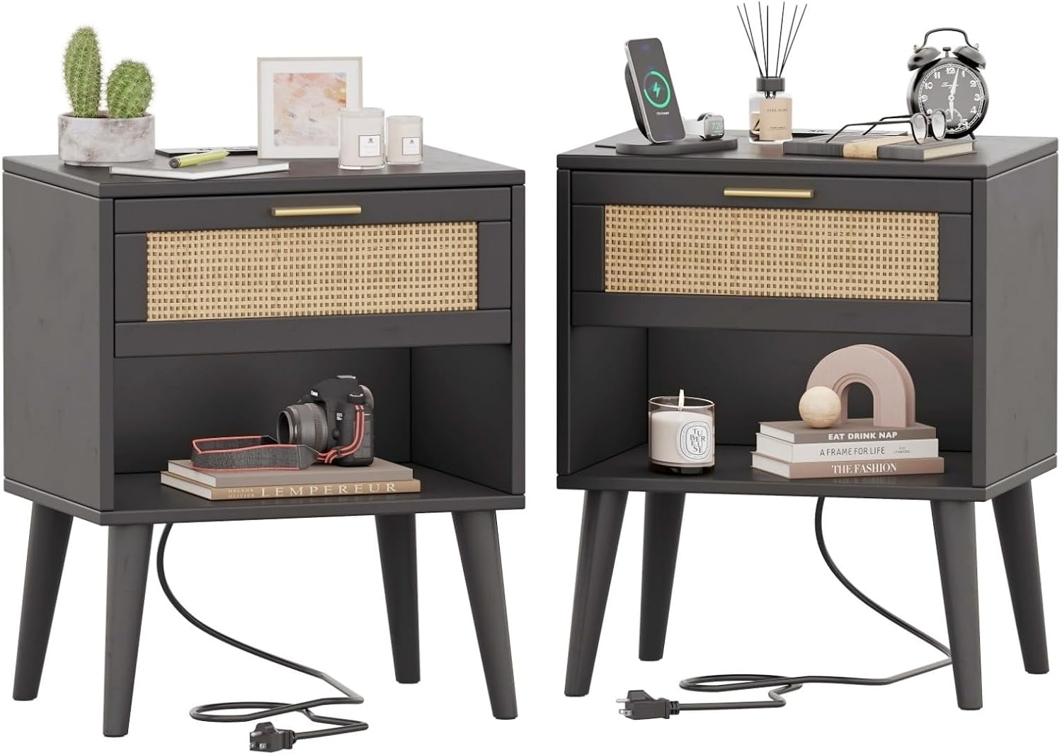 Irontar Nightstand Set of 2, Bedroom Night Stand with Charging Station ...