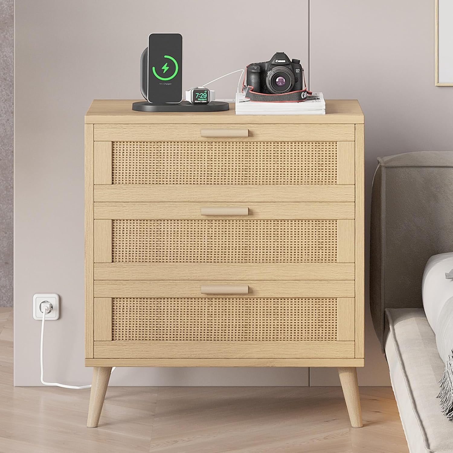 Irontar Rattan Nightstand with Charging Station, Night Stand with 3 ...