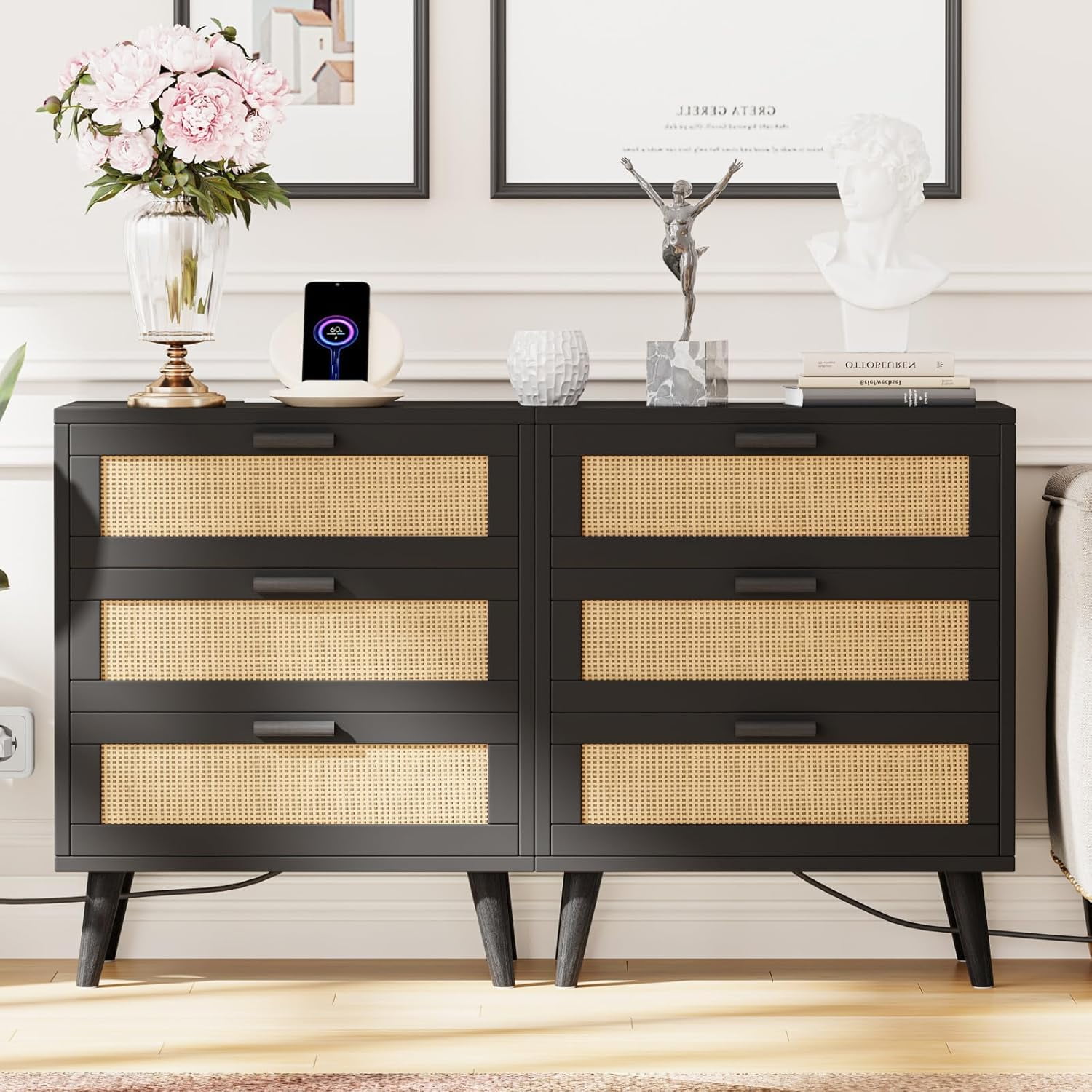 Irontar Set of 2 Rattan Nightstand with Charging Station, Night Stand ...