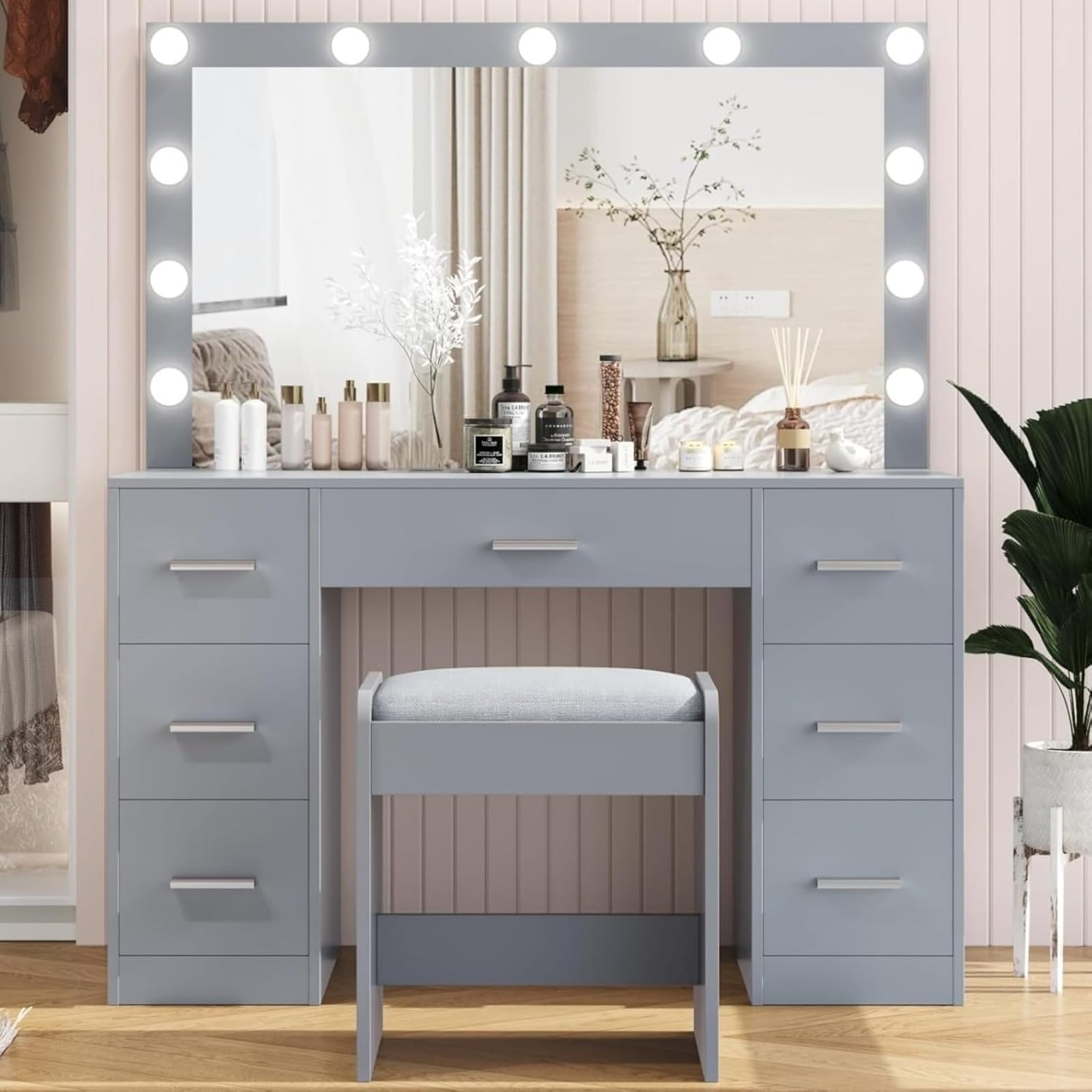 Irontar Vanity Desk with Stool, Makeup Table with Lighted Mirror, 3 ...