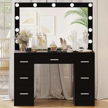CozyHom Makeup Vanity Table Set with Sliding Lighted Mirror, Vintage ...