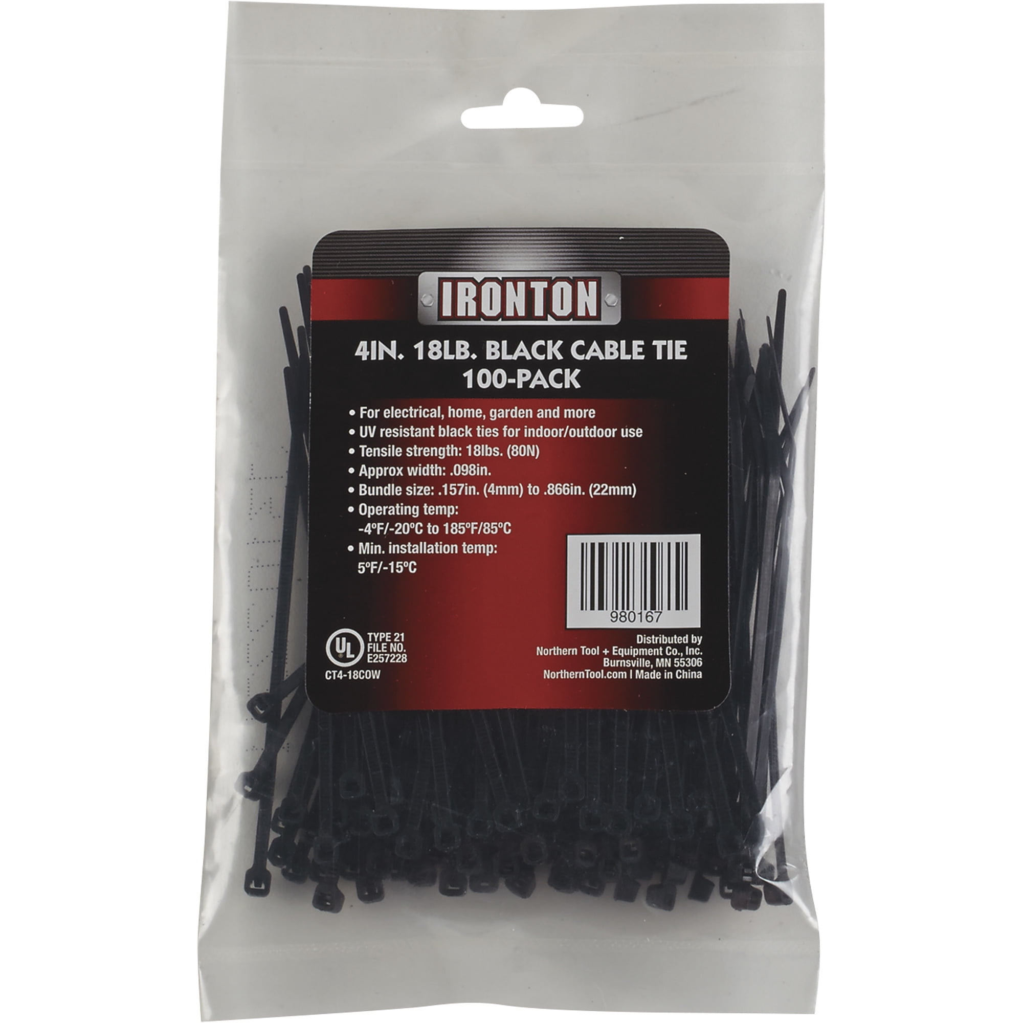 Ironton Multi-Pack of Cable Zip Ties, 100-Pk., 4in.L x .189in.W, 18-Lb ...