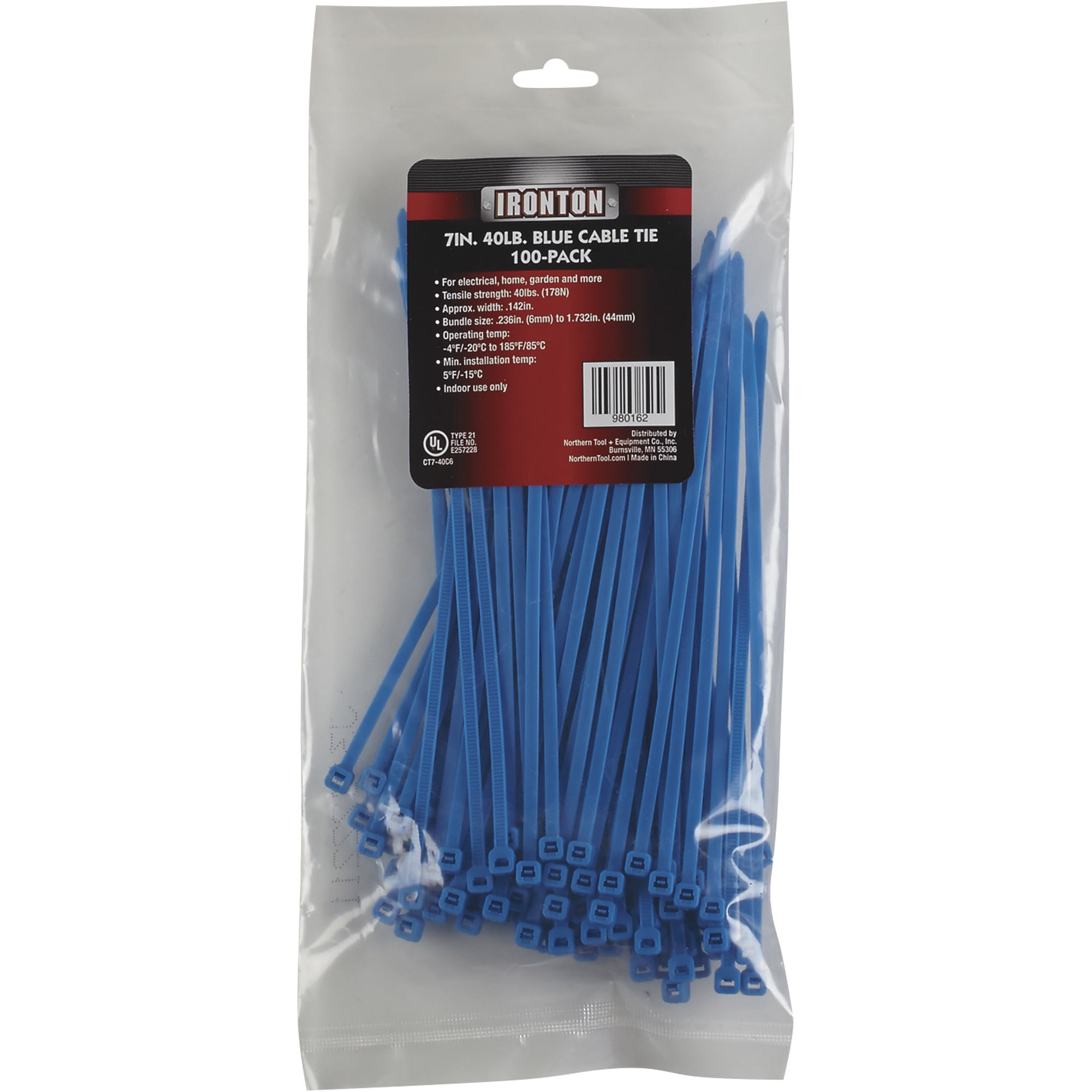 Ironton Multi-Pack of Cable Zip Ties, 100-Pk., 7in.L x .142in.W, 40-Lb ...