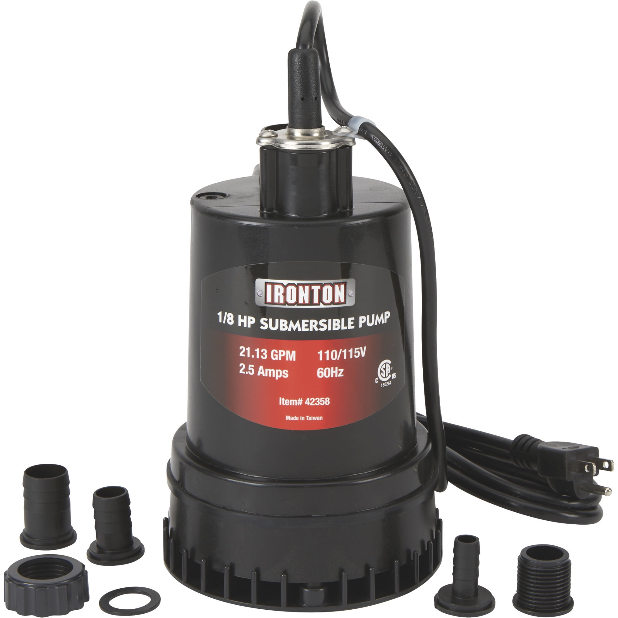 Ironton Submersible Water Pump, 1268 GPH, 1/8 HP, 1in Port, Drains ...