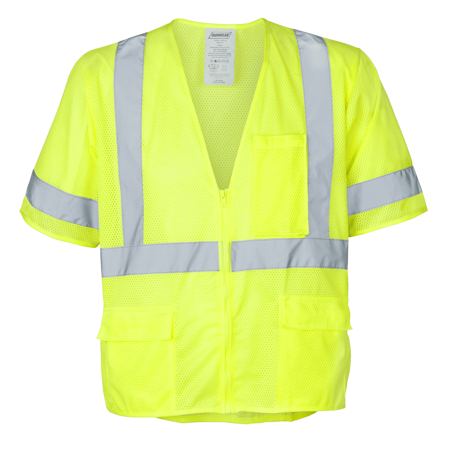 Ironwear 1294 Class 3 Polyester Mesh Safety Vest w/ Zipper & 6 Pockets ...