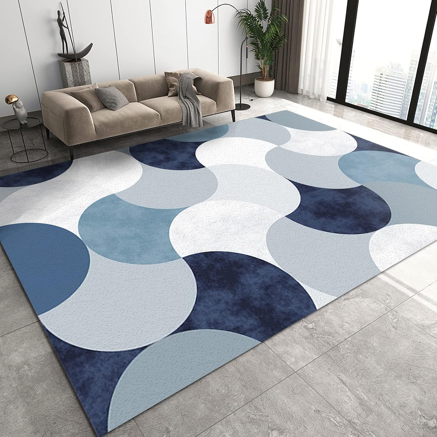 Irregular Euclidean Geometry Bedroom Rug, 4x5ft Gray and White Curved ...