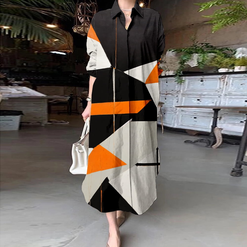 Irregular Geometric Print Commuter Shirt Dress 2024 Spring New Women's ...