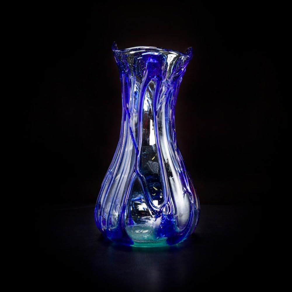 Irregular Handblown Flower Vase, Molten Glass Blue Swirl Vase, Modern ...